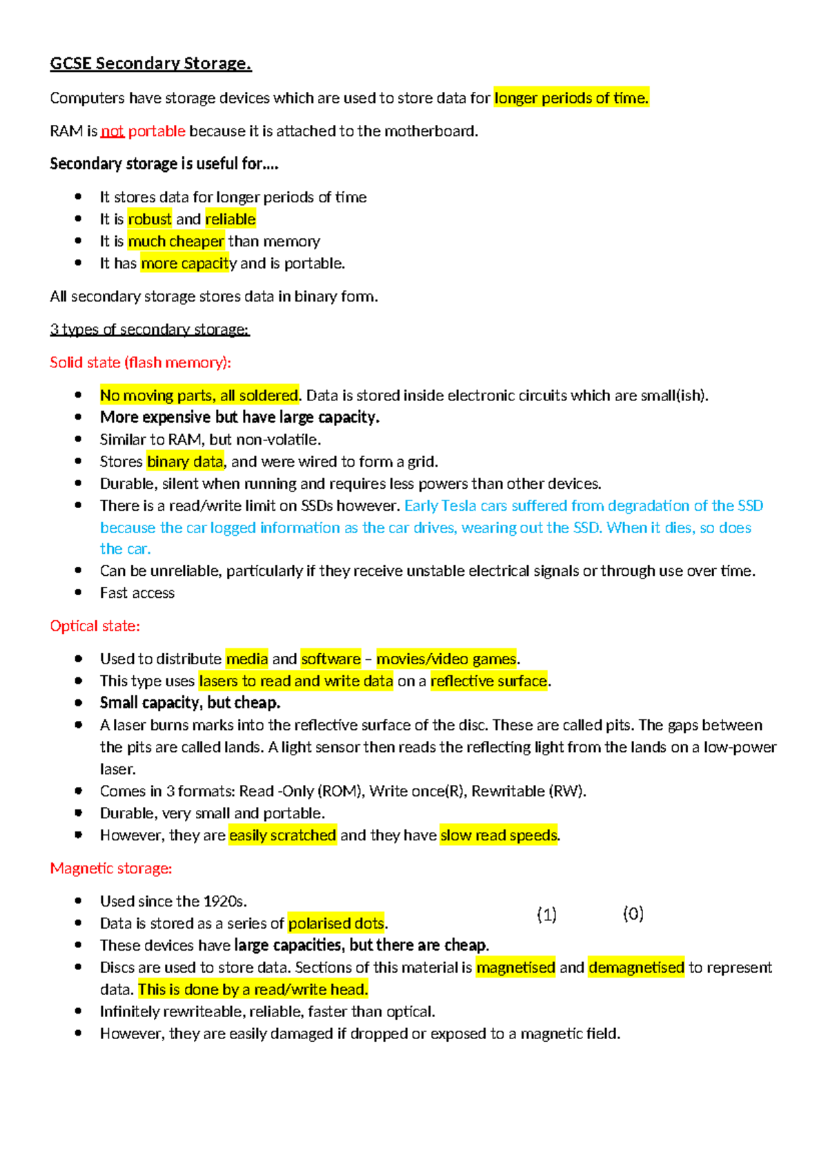 GCSE Computer Secondary Storage Overview and Types Analysis - Studocu