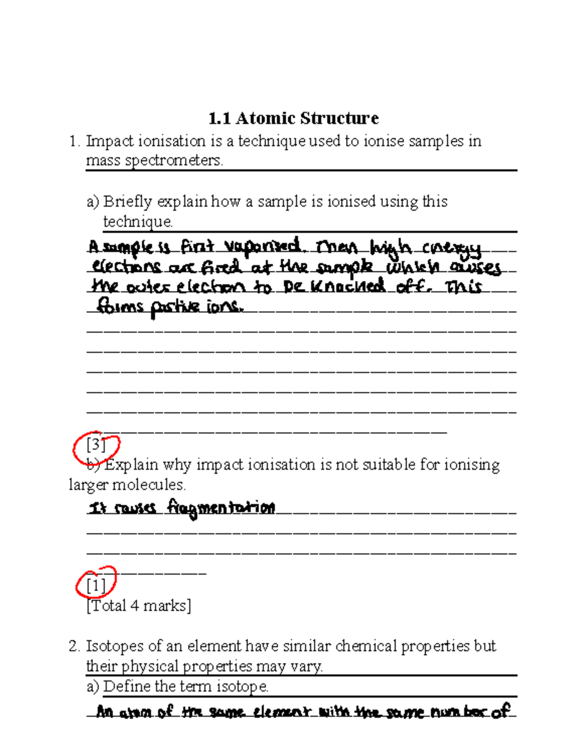 1.1 Atomic Structure - Exam Questions and Answers - Studocu