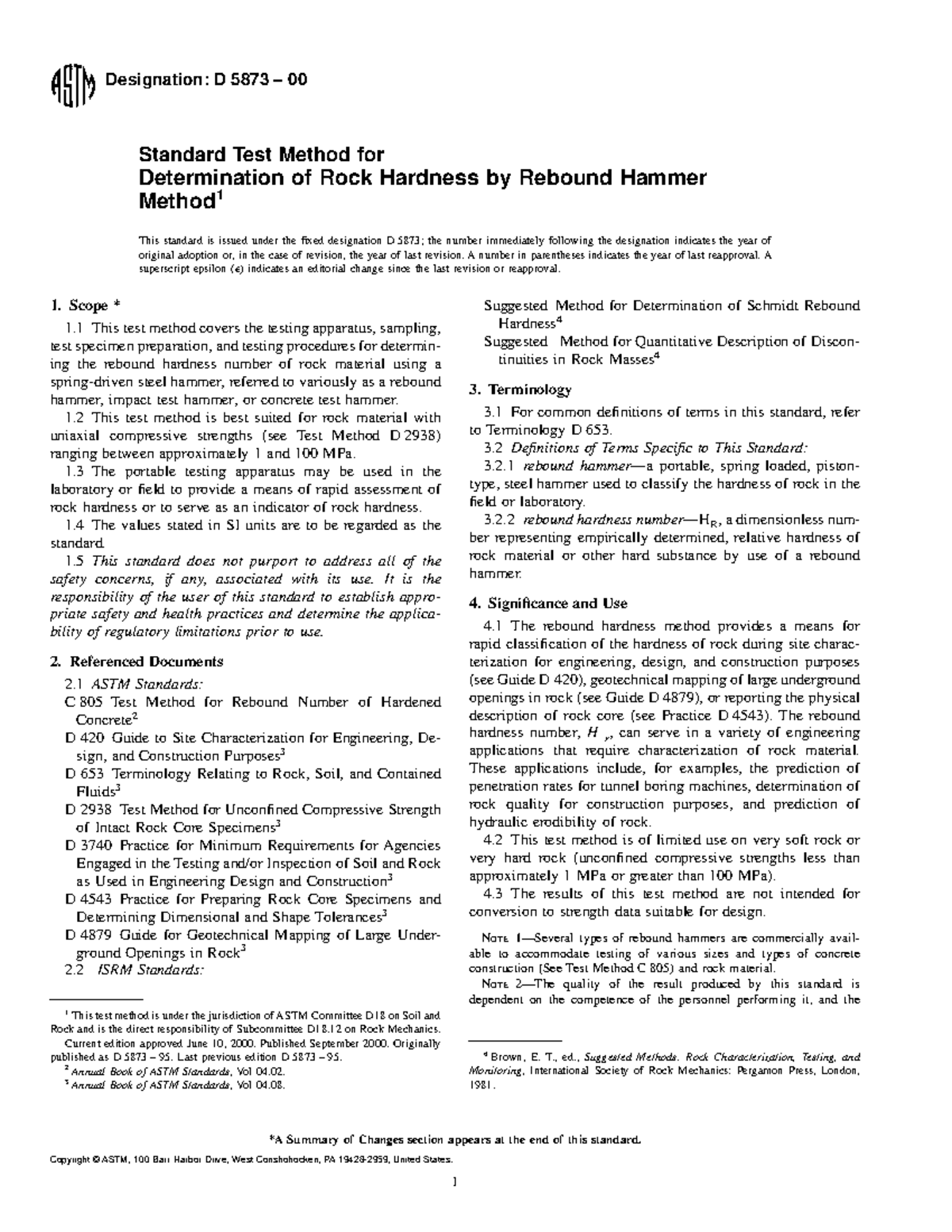 D 5873 Standard Test Method for Rock Hardness Using Rebound Hammer ...