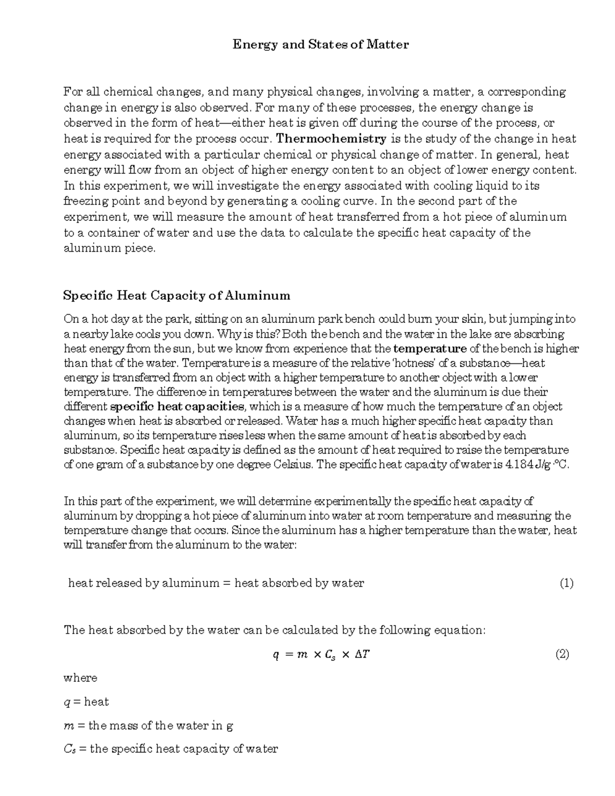 Uof C GOB Energy and States of Matter Lab Report: Specific Heat Study ...