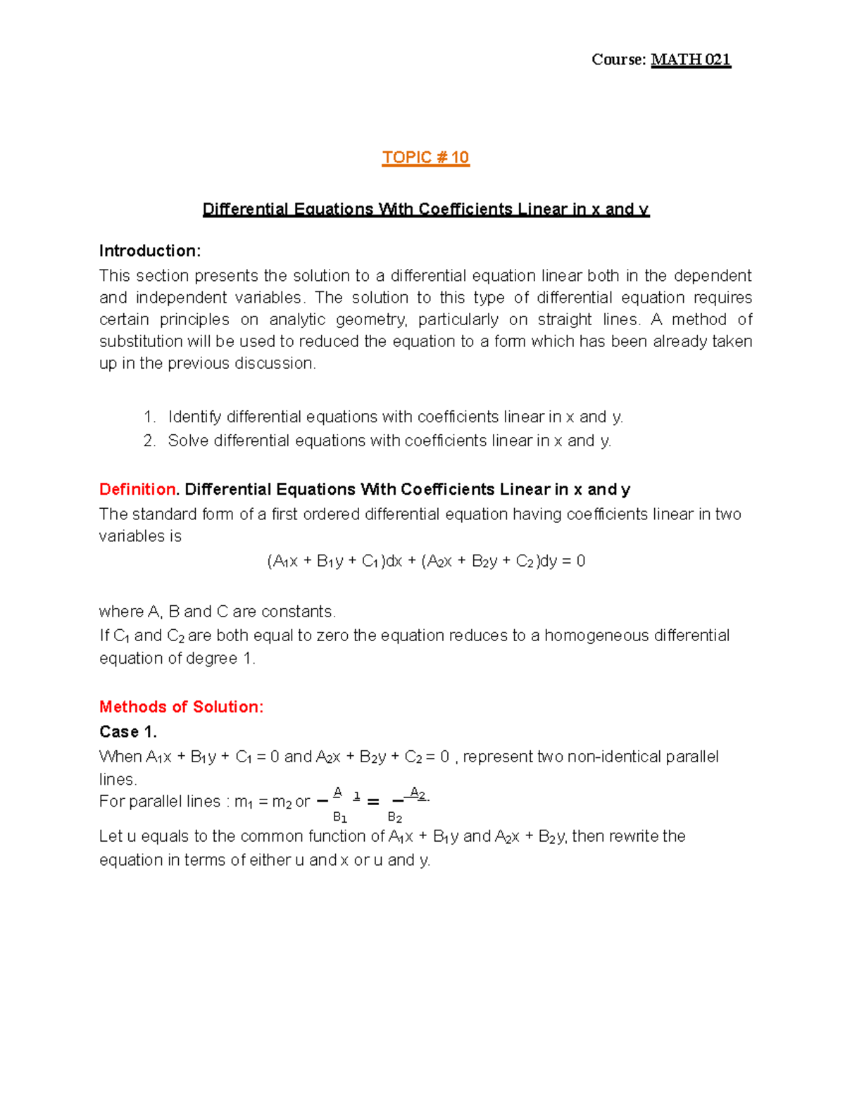 Lesson 10 Differential Equations With Coefficients Linear in x and y ...