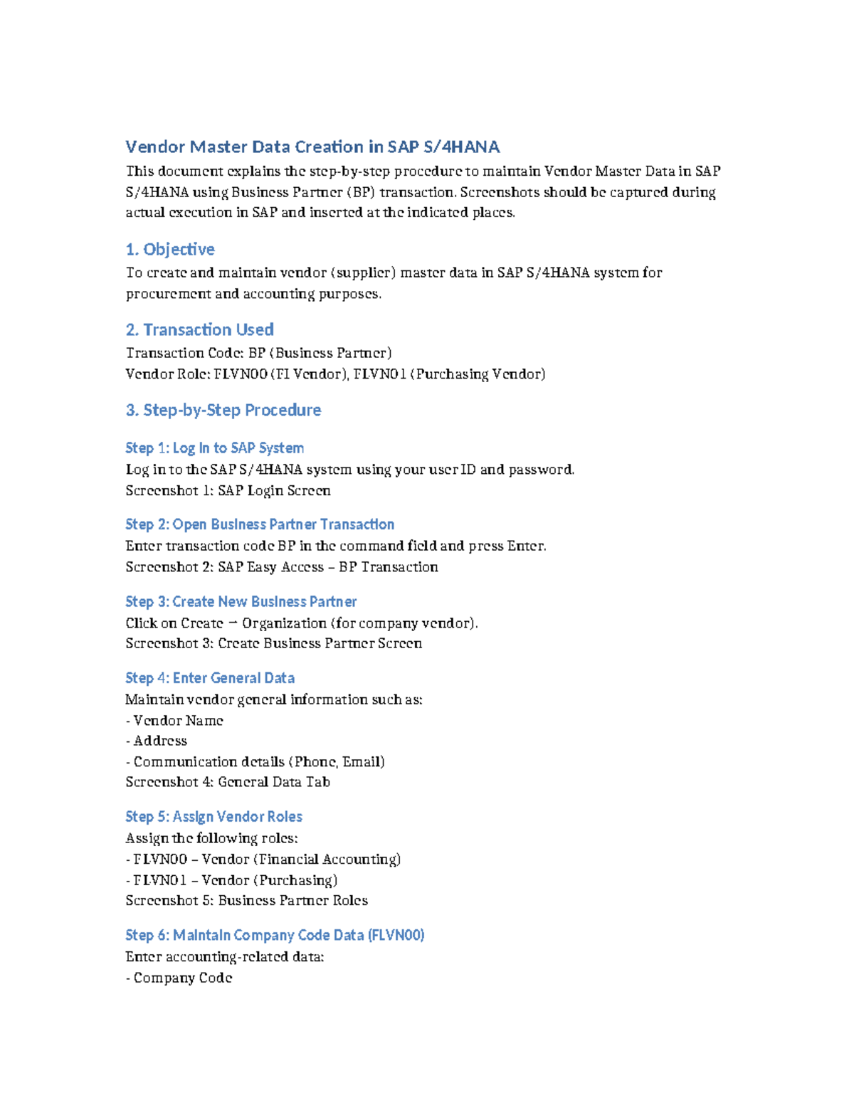 SAP S4HANA Vendor Master Data Creation Guide (BP Transaction) - Studocu