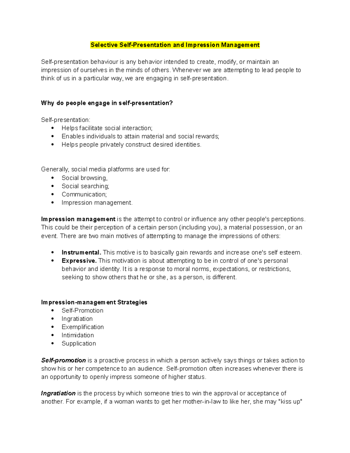 Selective Self-Presentation & Impression Management Study Notes 093159 ...