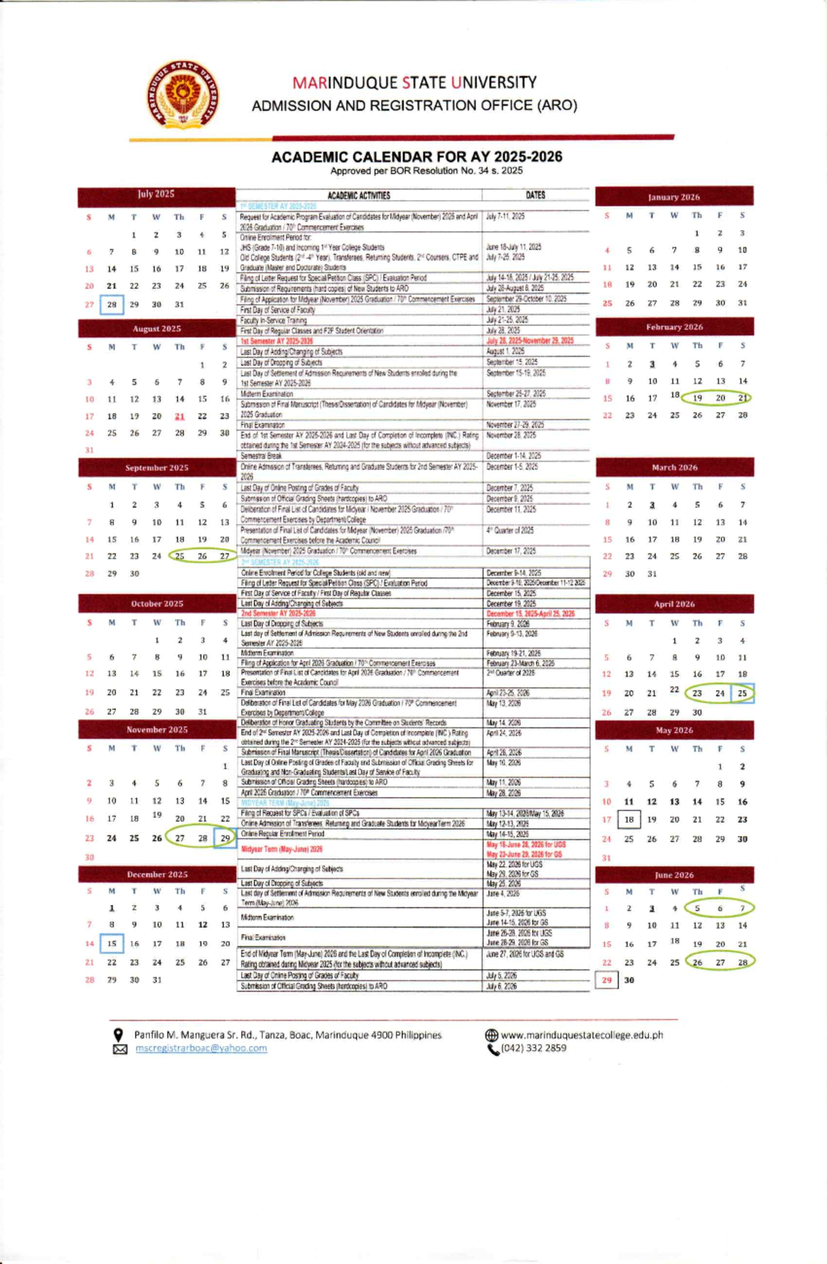 Academic Calendar AY 2025-2026 for Marinduque State University - Studocu