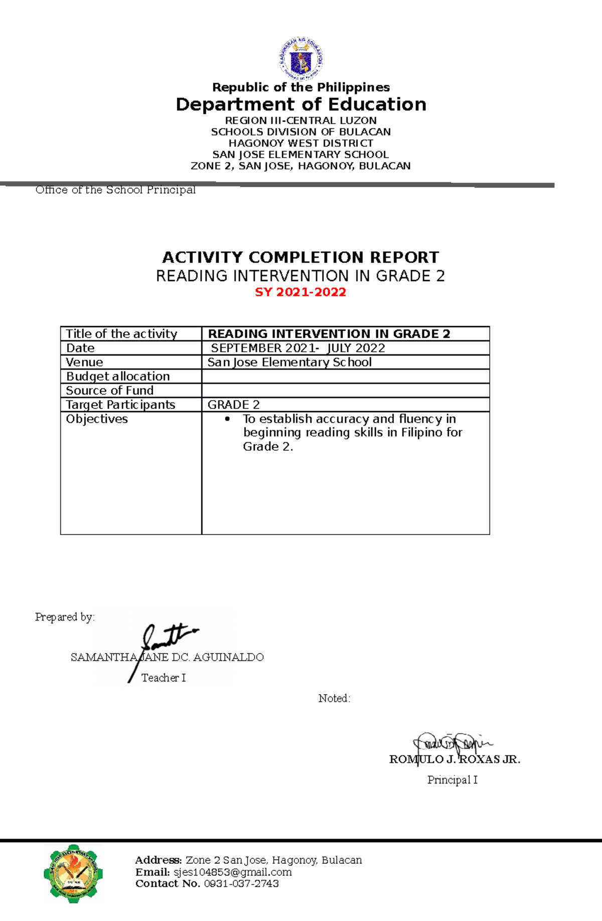 ACR- Grade 2 Reading Intervention Program Report (SY 2021-2022) - Studocu