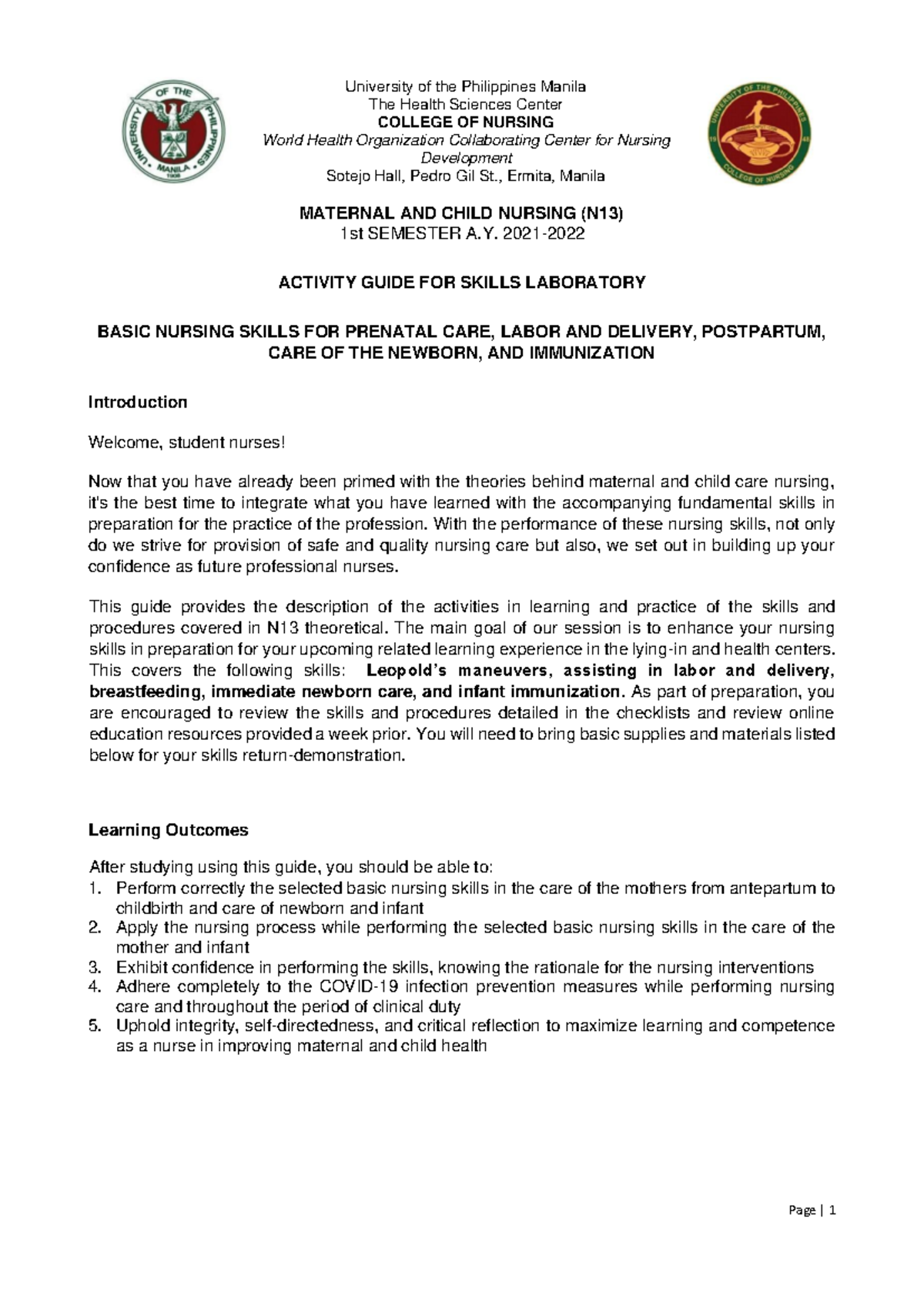 MATERNAL AND CHILD NURSING (N13) Skills Lab Activity Guide - Studocu