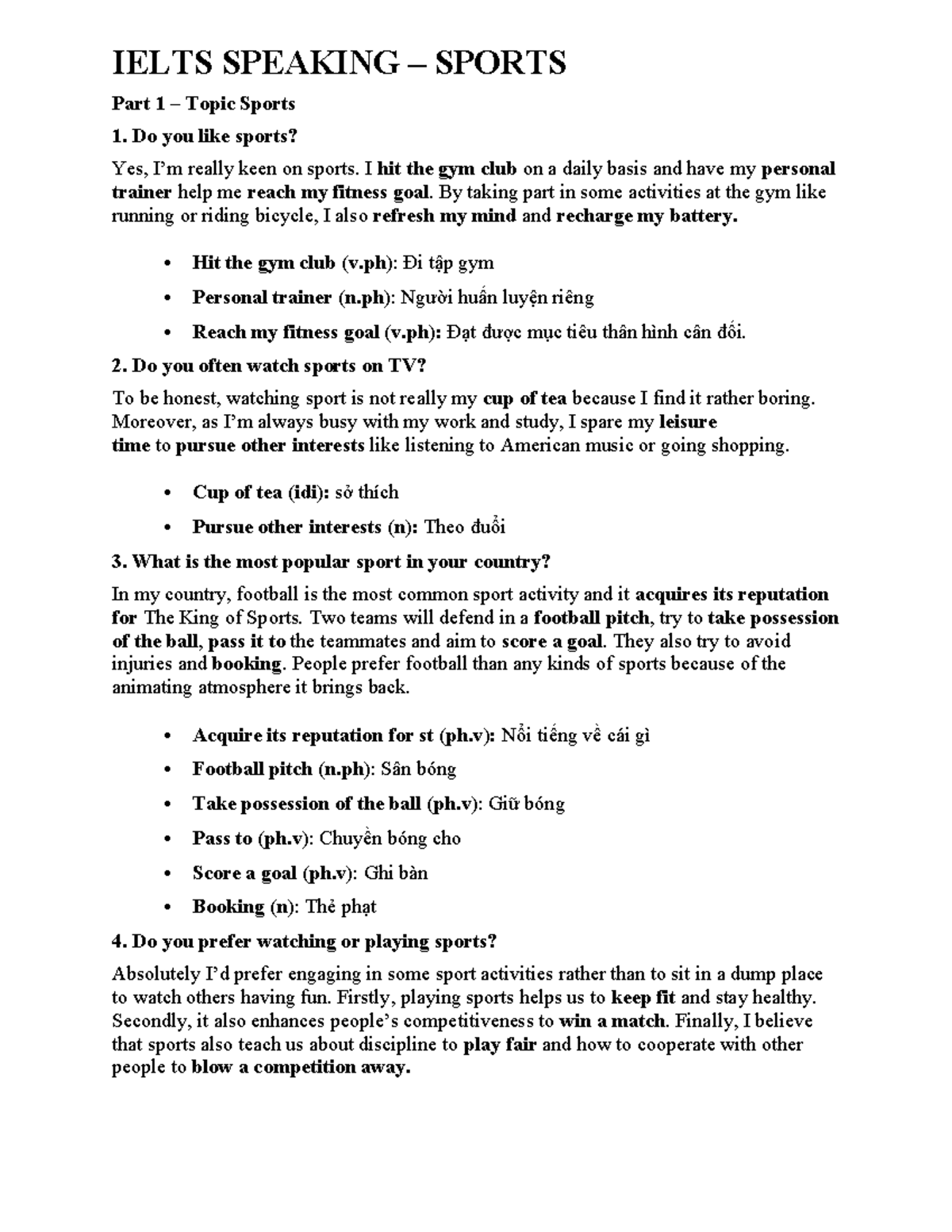 IELTS Speaking - Sports: Vocabulary & Sample Answers for Topics - Studocu