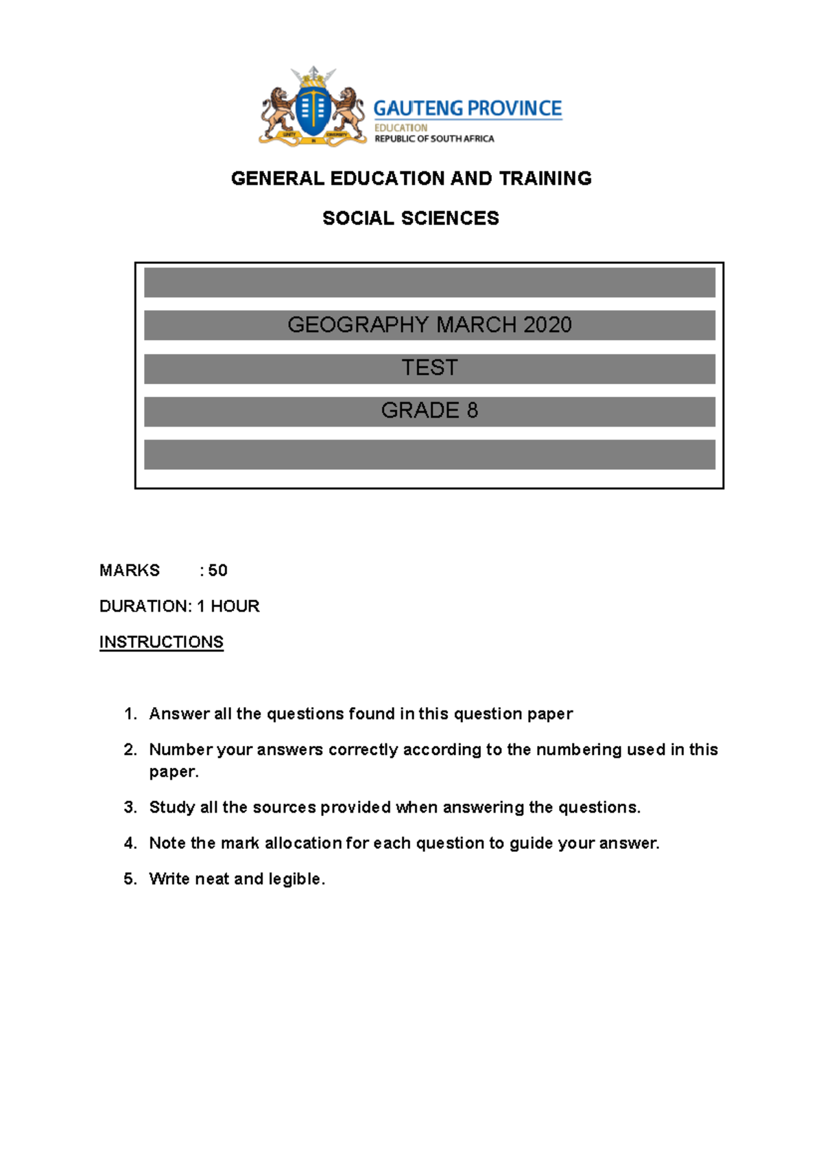 Geography Grade 8 March 2020 Test: Maps, Earth and Satellites - Studocu