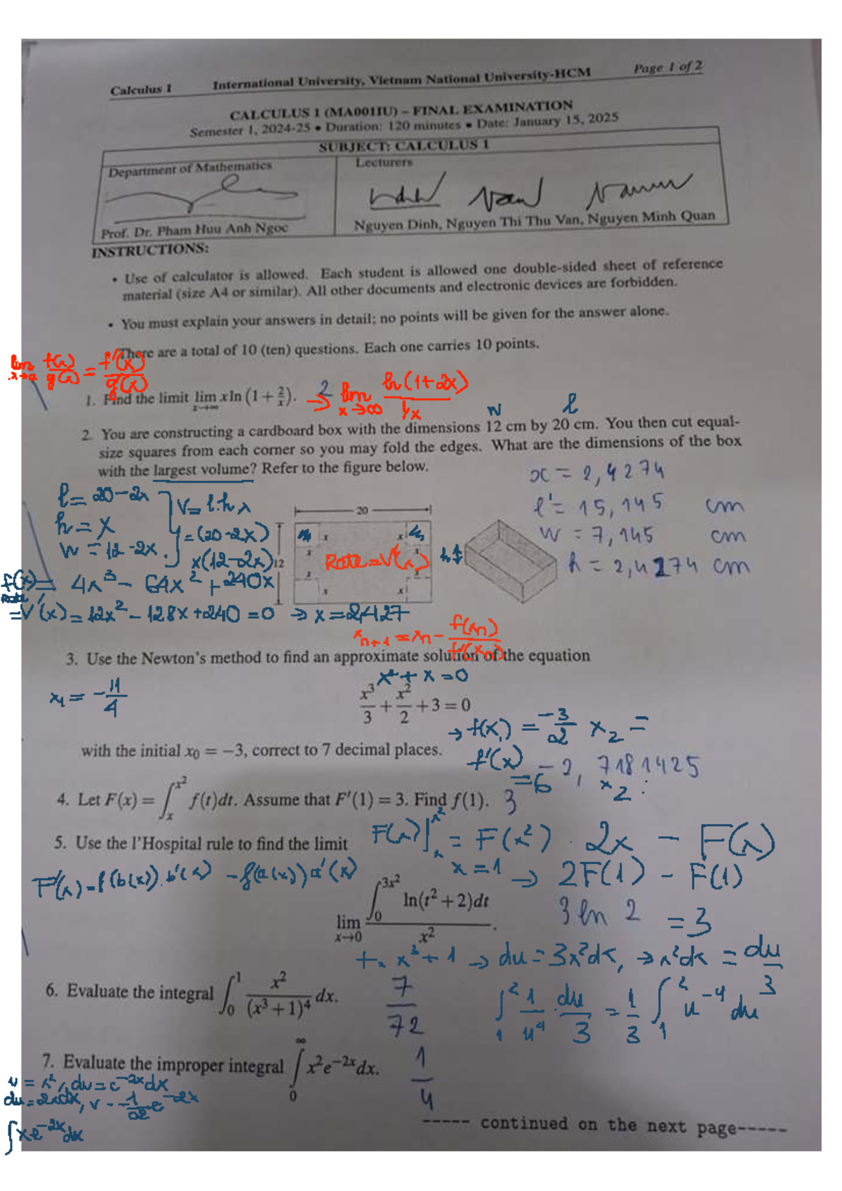 Calculus 1 (MA001IU) Final Exam Practice Questions - 2025 HK1 - Studocu