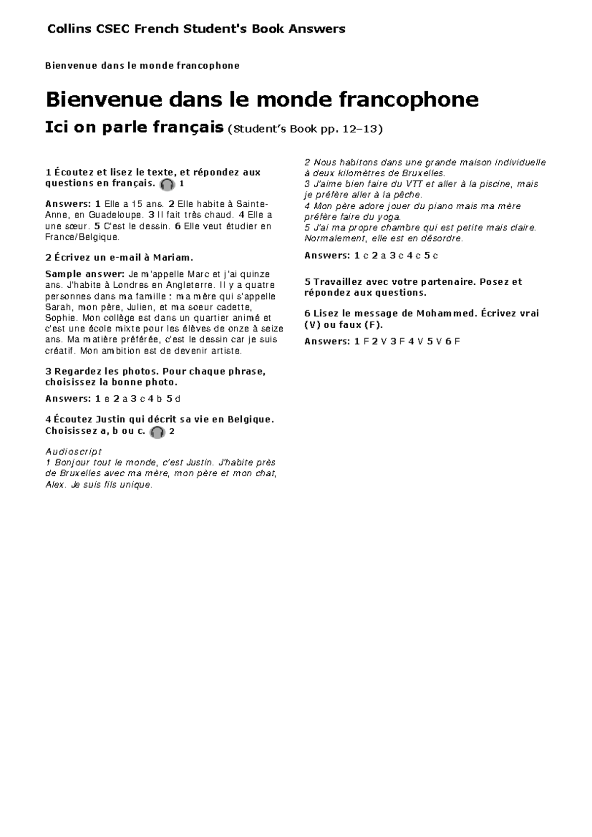 CSEC French SB Answers: Comprehensive Guide for Students - Studocu