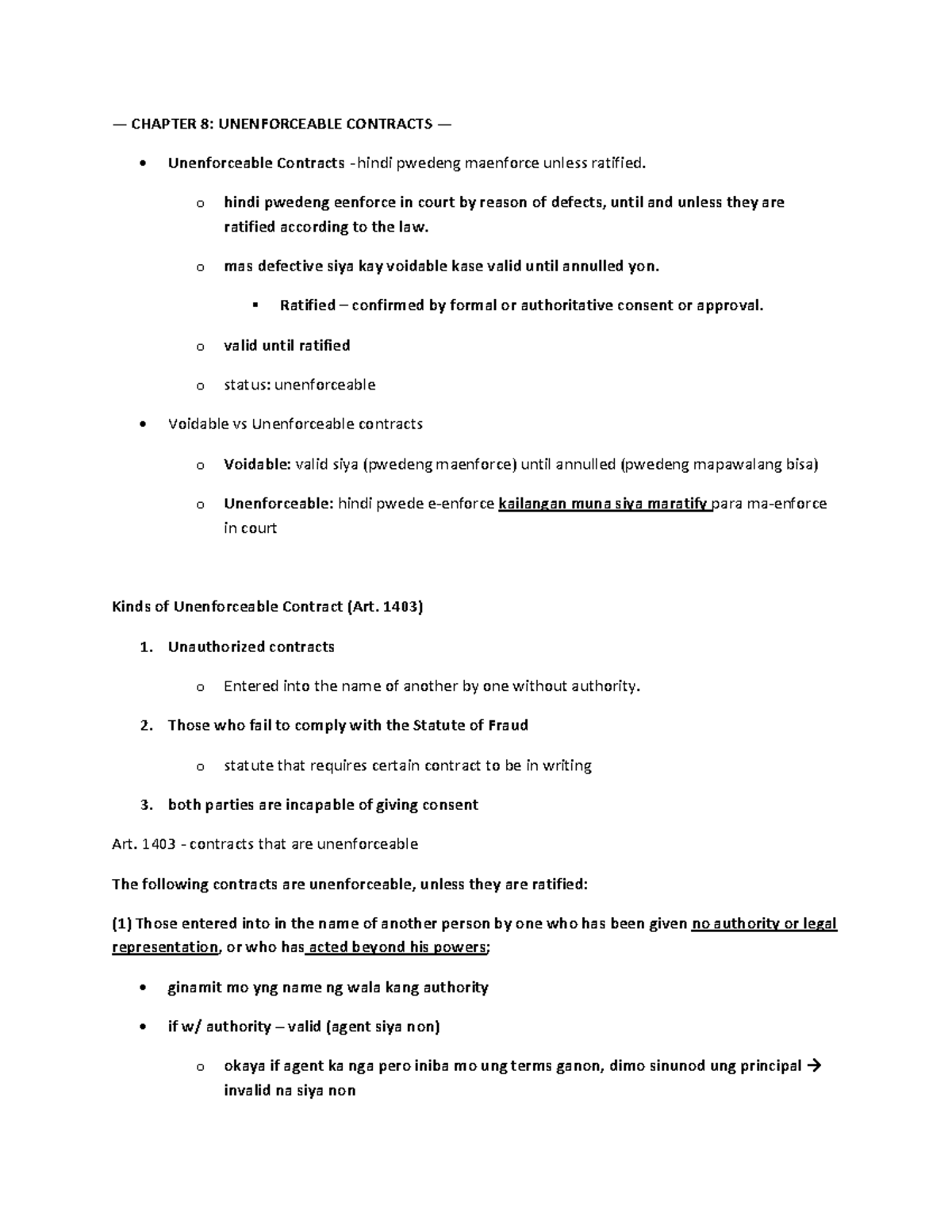 Chapter 8- Unenforceable Contracts - — CHAPTER 8: UNENFORCEABLE ...