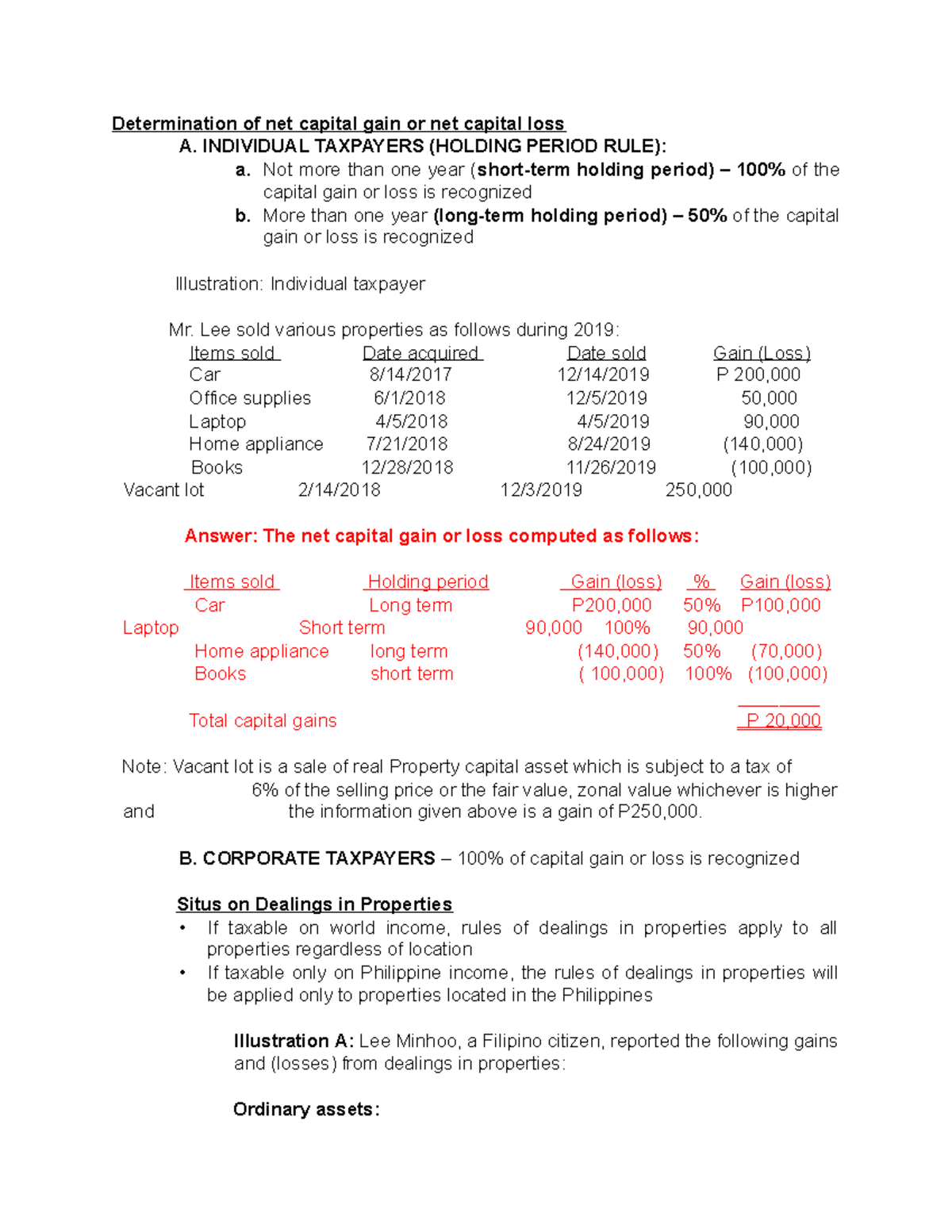 Income Taxation- Lecture Notes-8 - Determination of net capital gain or ...
