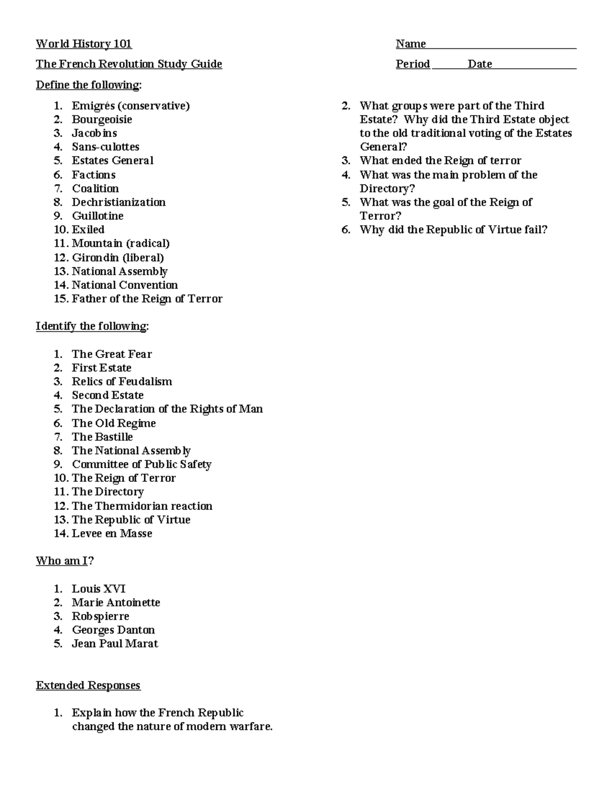 World History 101: French Revolution Study Guide - Key Concepts & Terms ...