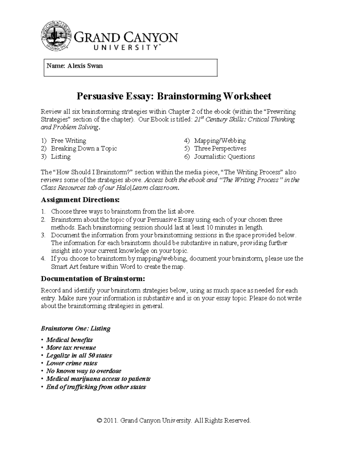 PHI105 T2 Brainstorming Worksheet 4 13 2023 - Name: Alexis Swan ...