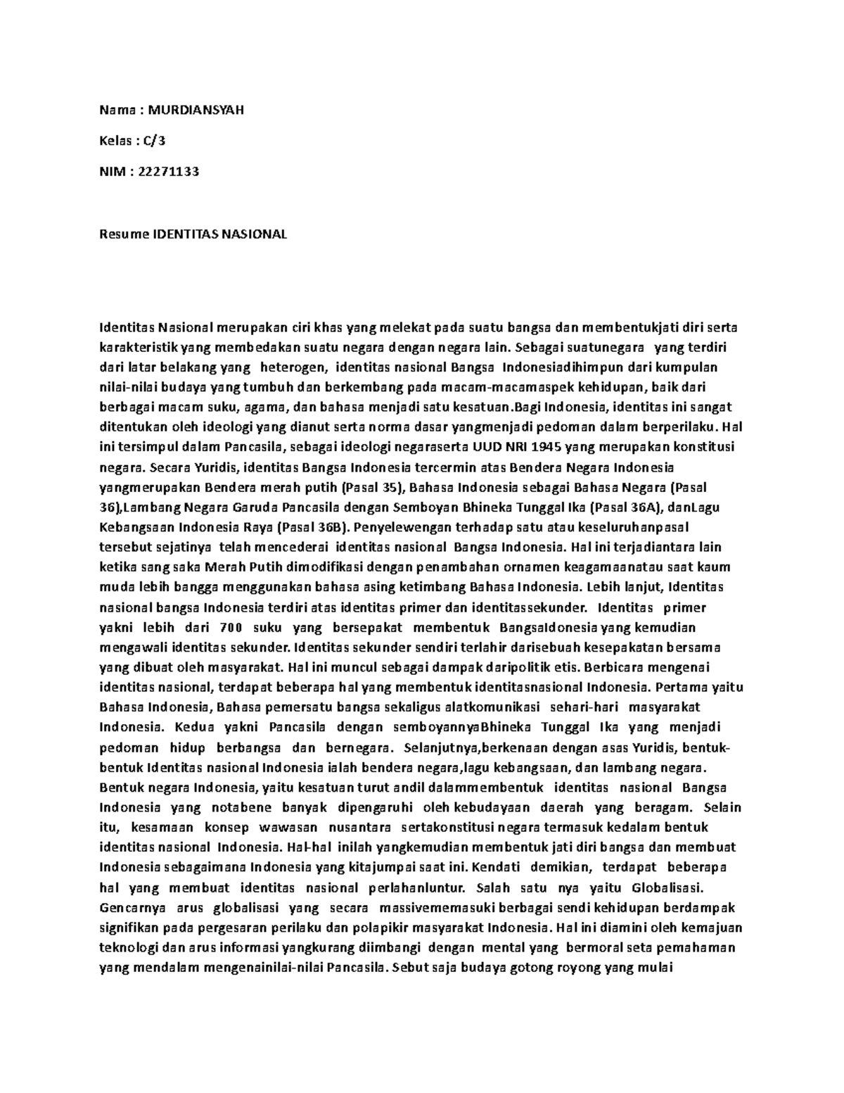 Resume Identitas Nasional Karakteristik Dan Tantangan Kelas C Studocu