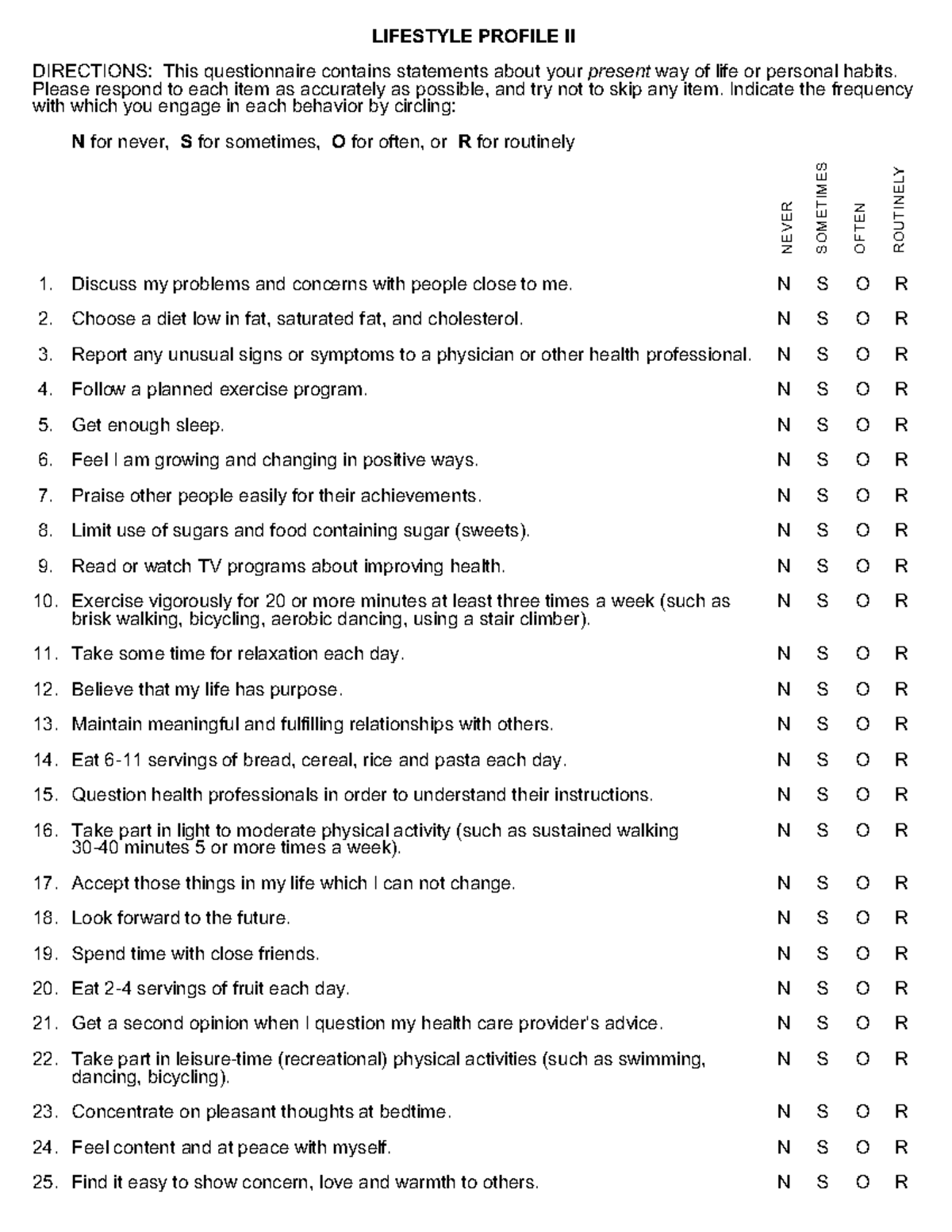 HPLP II: Lifestyle Profile Questionnaire and Assessment Guide - Studocu