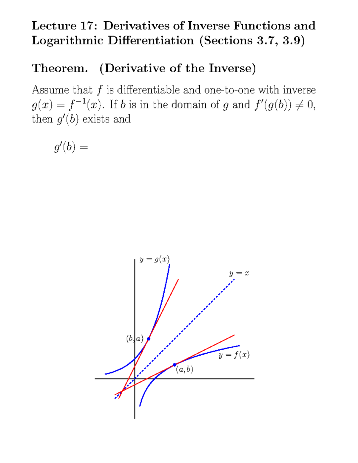 Lecture 17: Inverse Functions & Logarithmic Differentiation (Sections 3 ...