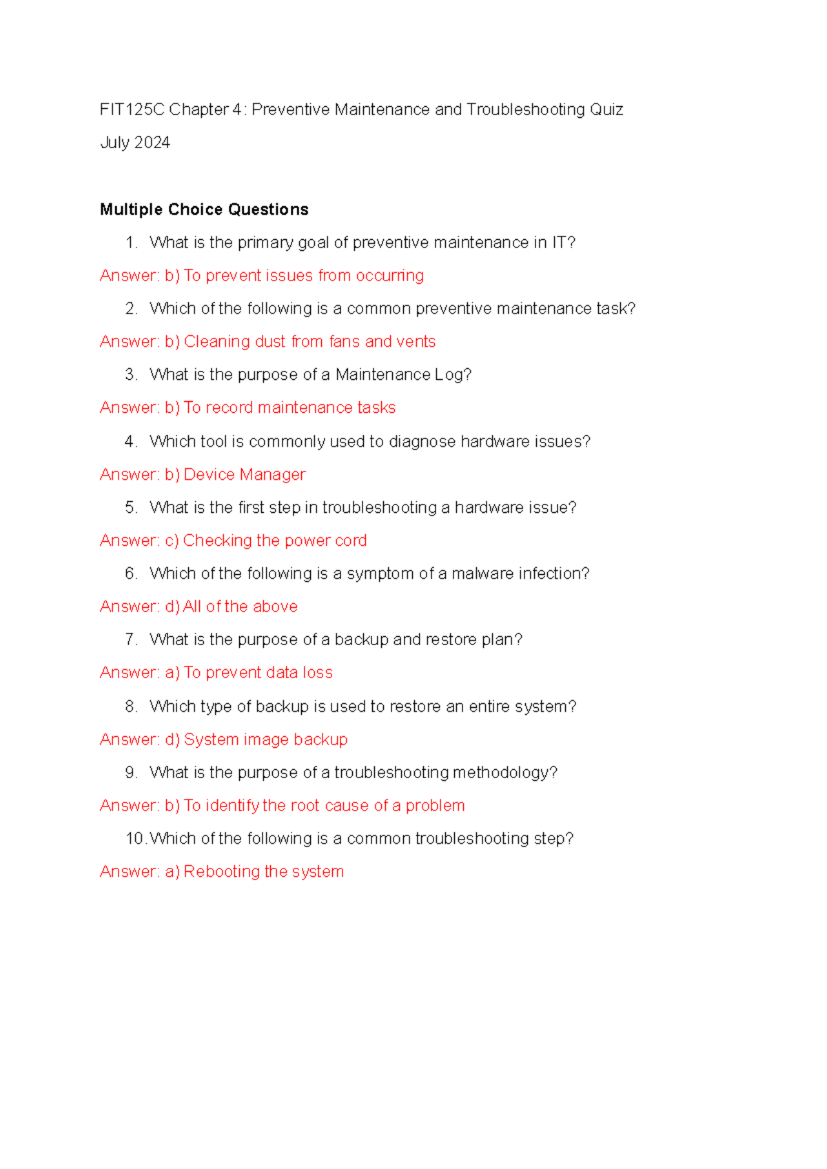 FIT125C Chapter 4 Preventive Maintenance & Troubleshooting Quiz Answers - Studocu