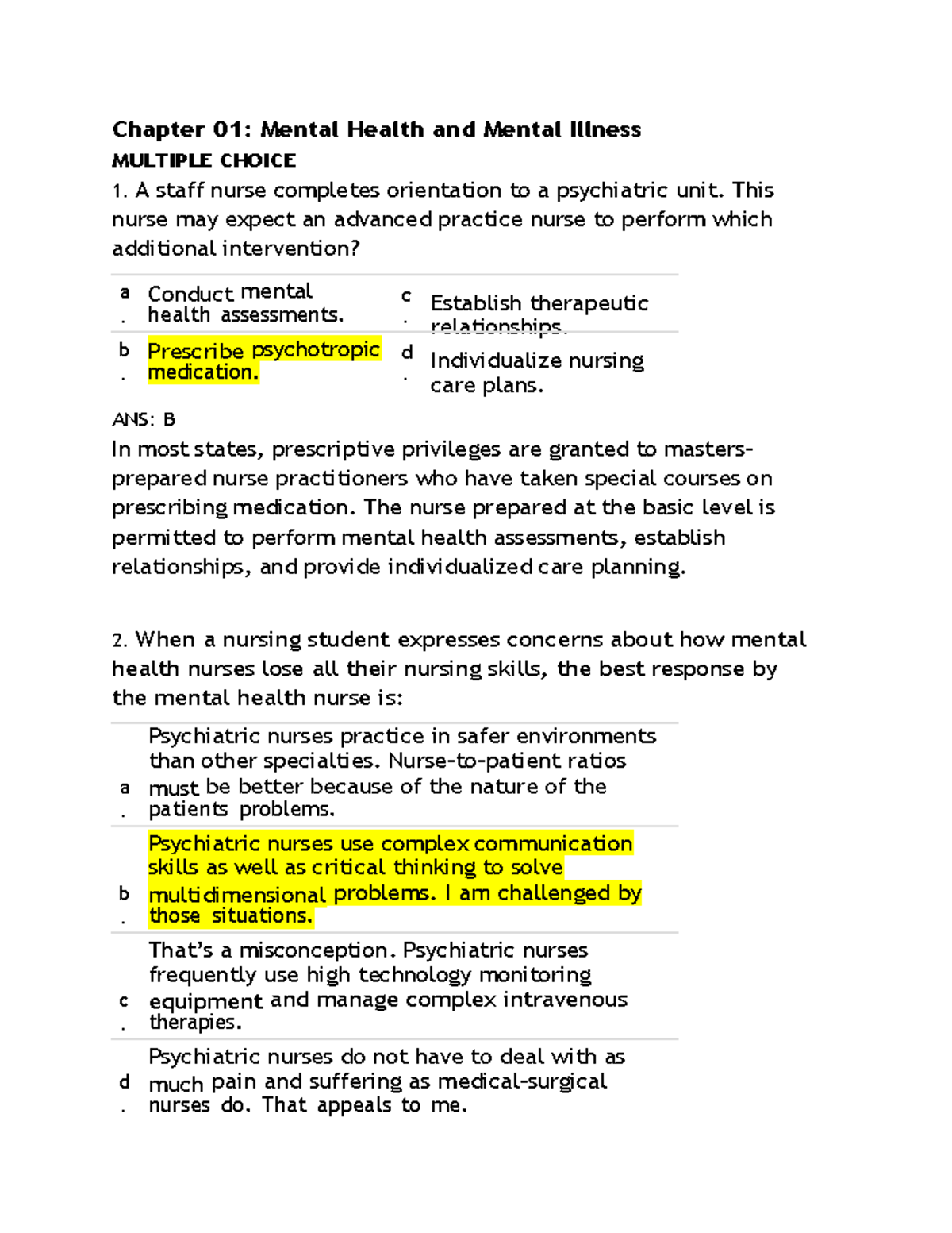 Mental Health Quiz 1 (MHS 101) - Chapter 01 & 04 Review Questions - Studocu