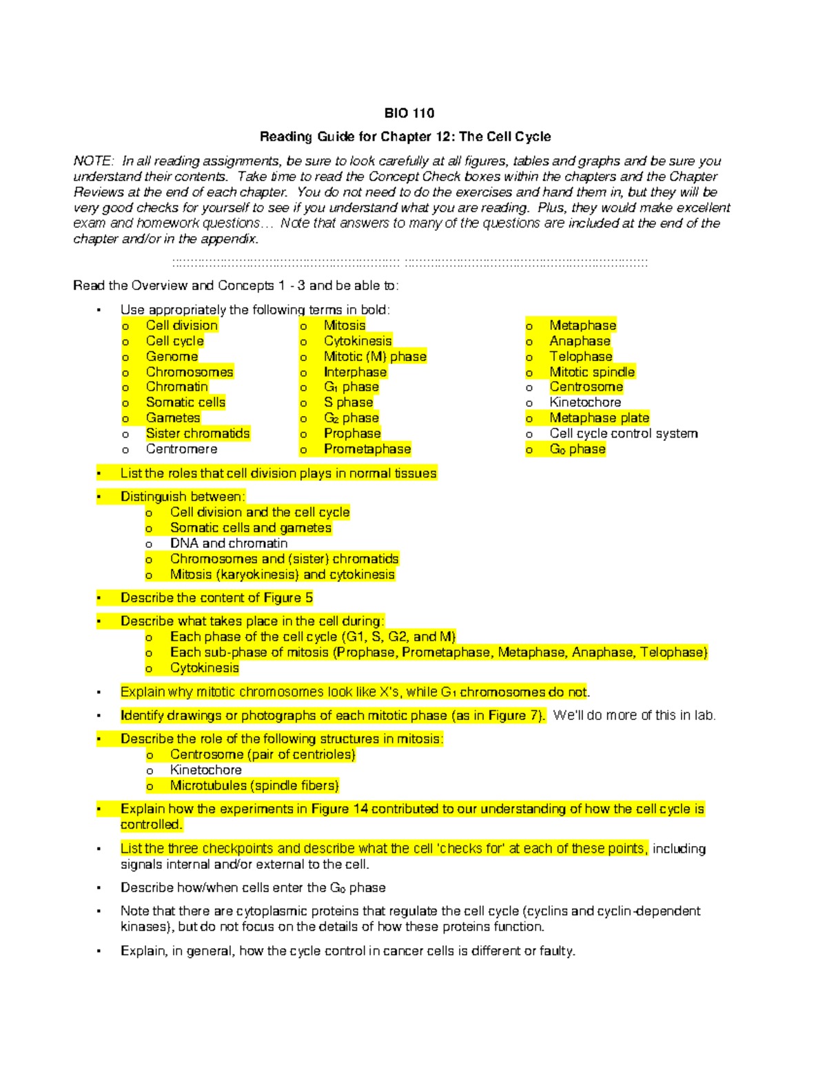 BIO 110 Reading Guide: Chapter 12 - The Cell Cycle & Mitosis - Studocu