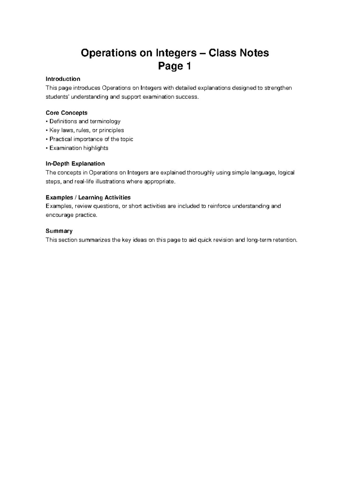 01 Operations on Integers Class Notes: Key Concepts & Examples - Studocu