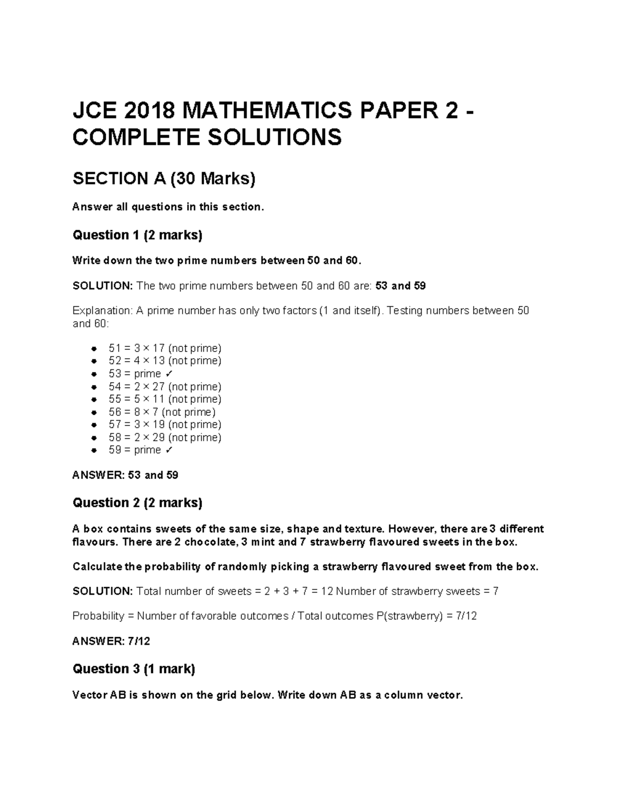 JCE 2018 Mathematics Paper 2 - Detailed Solutions and Explanations ...