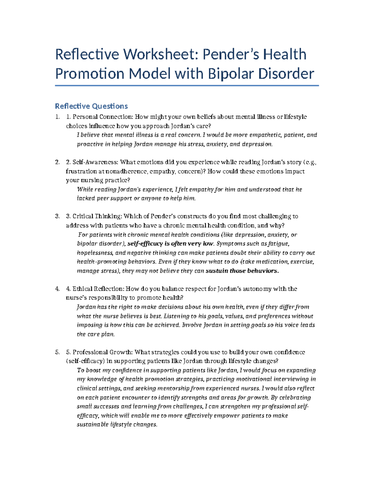Reflective Worksheet: Pender Health Promotion Model & Bipolar Care ...