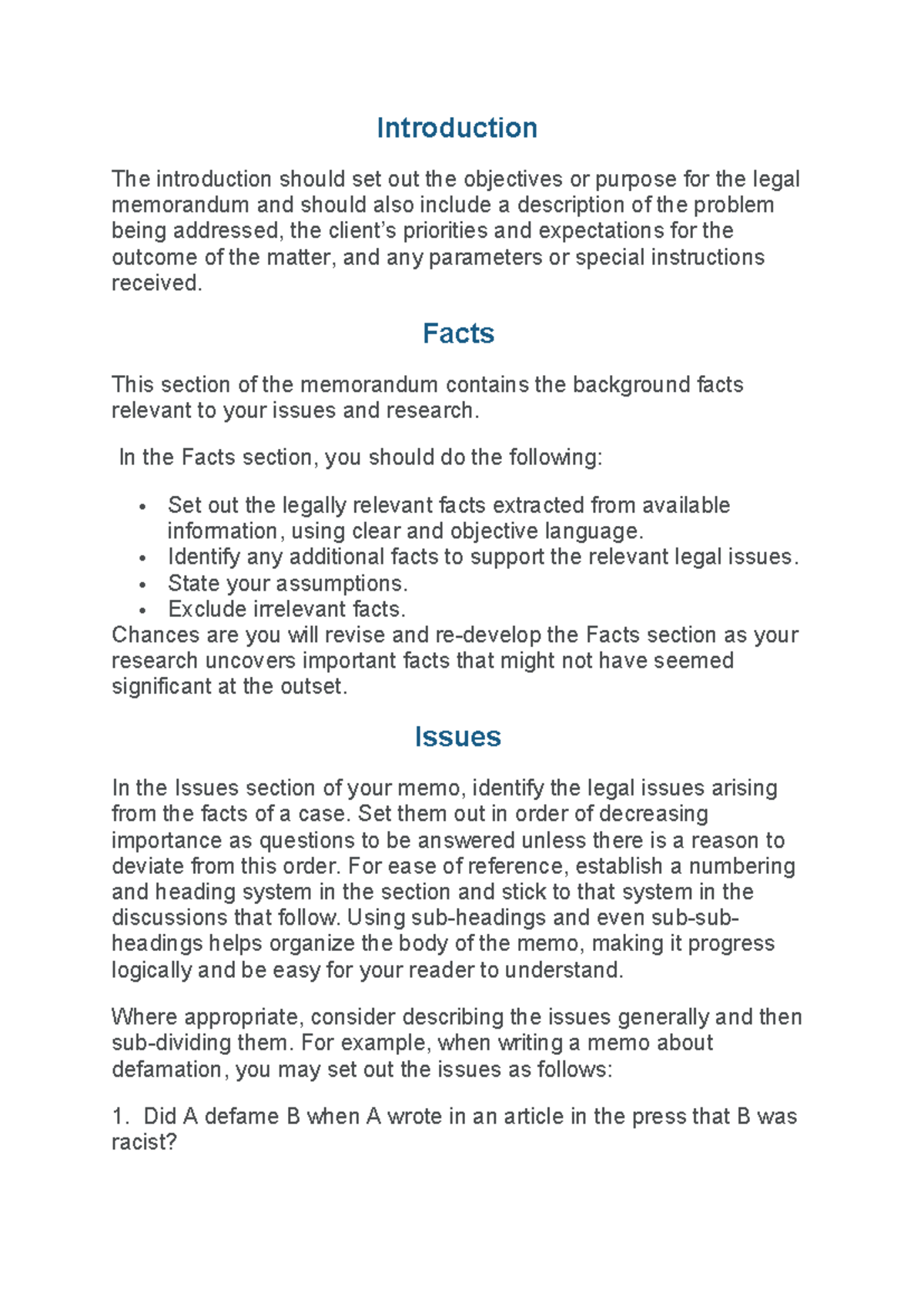 Legal Memorandum Format: Objectives, Facts, Issues & Conclusions - Studocu