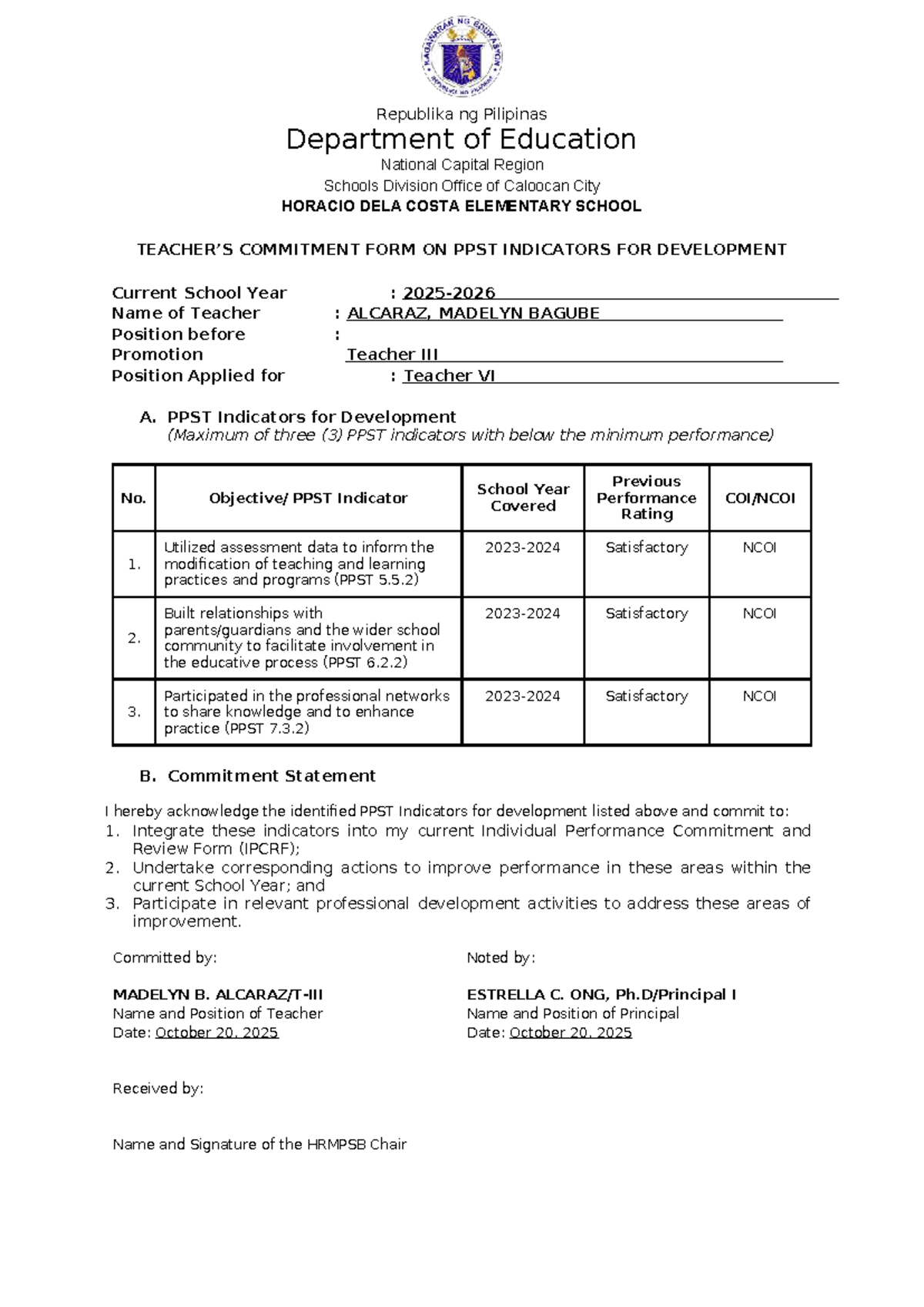 Teacher's Commitment Form on PPST Indicators for Development A4 - Studocu