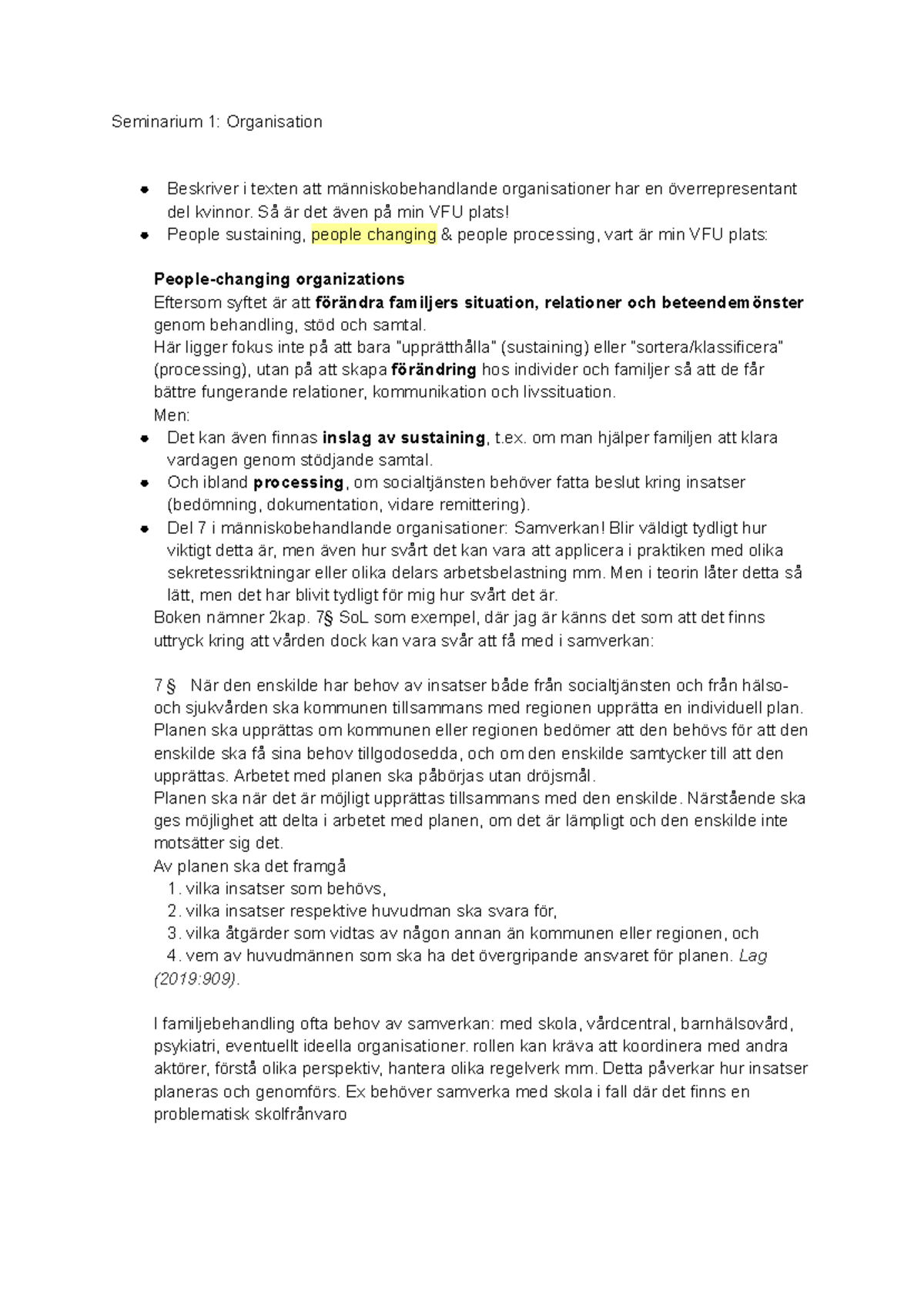 Seminarium 1: Människobehandlande Organisationer och Samverkan - Studocu