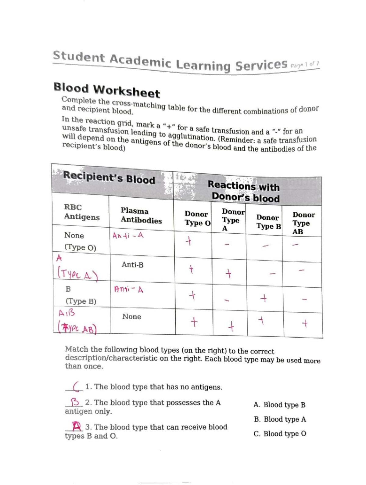 Blood Worksheet: Understanding Safe Transfusion Combinations - Studocu