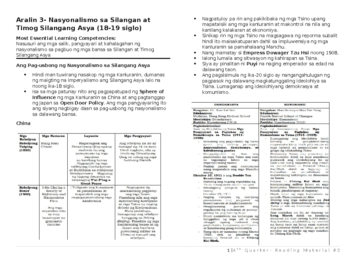 4th Quarter Aralin 3 Reading Material - Aralin 3- Nasyonalismo sa ...