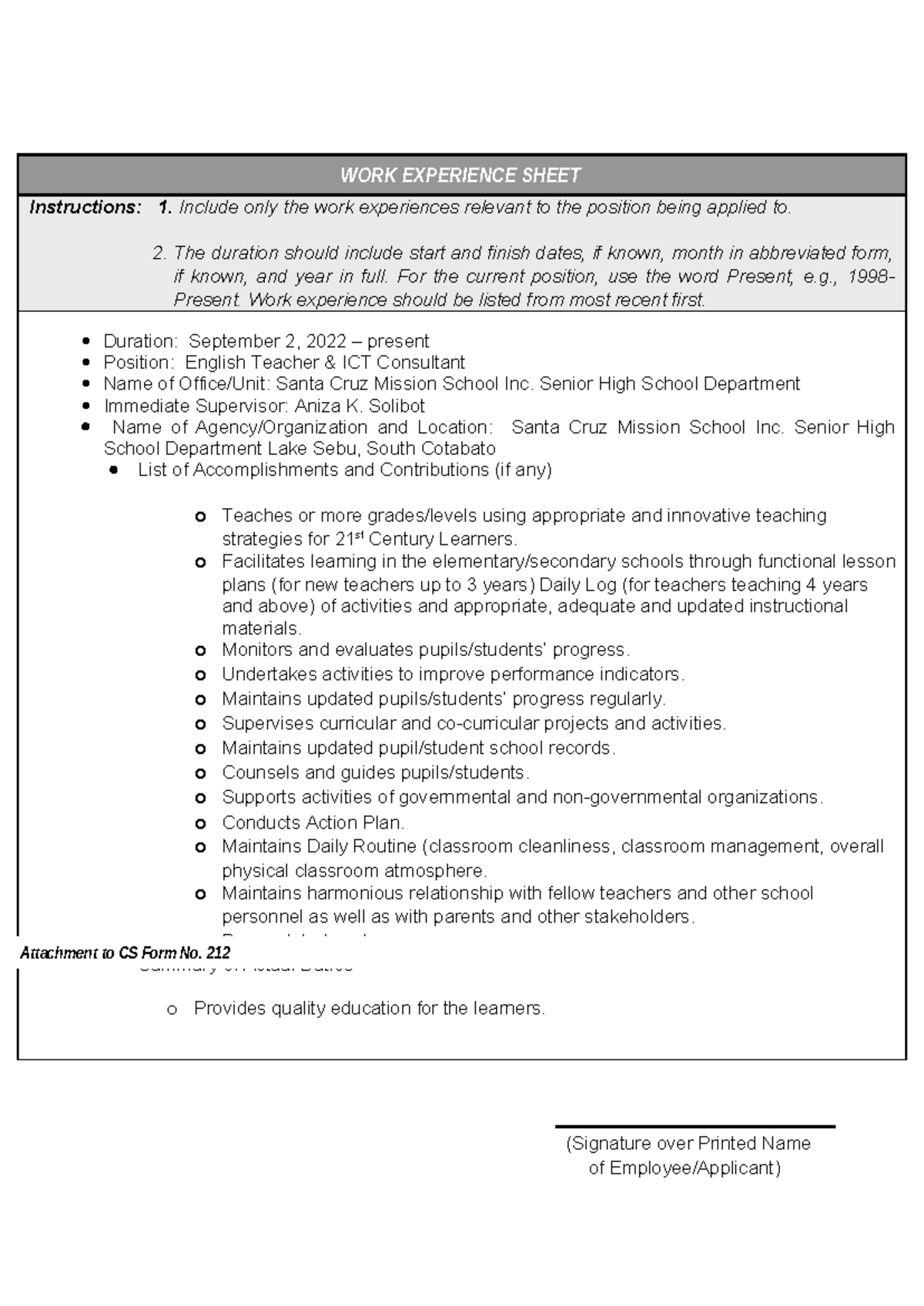 CS Form No. 212: Work Experience Sheet for English Teacher Position ...
