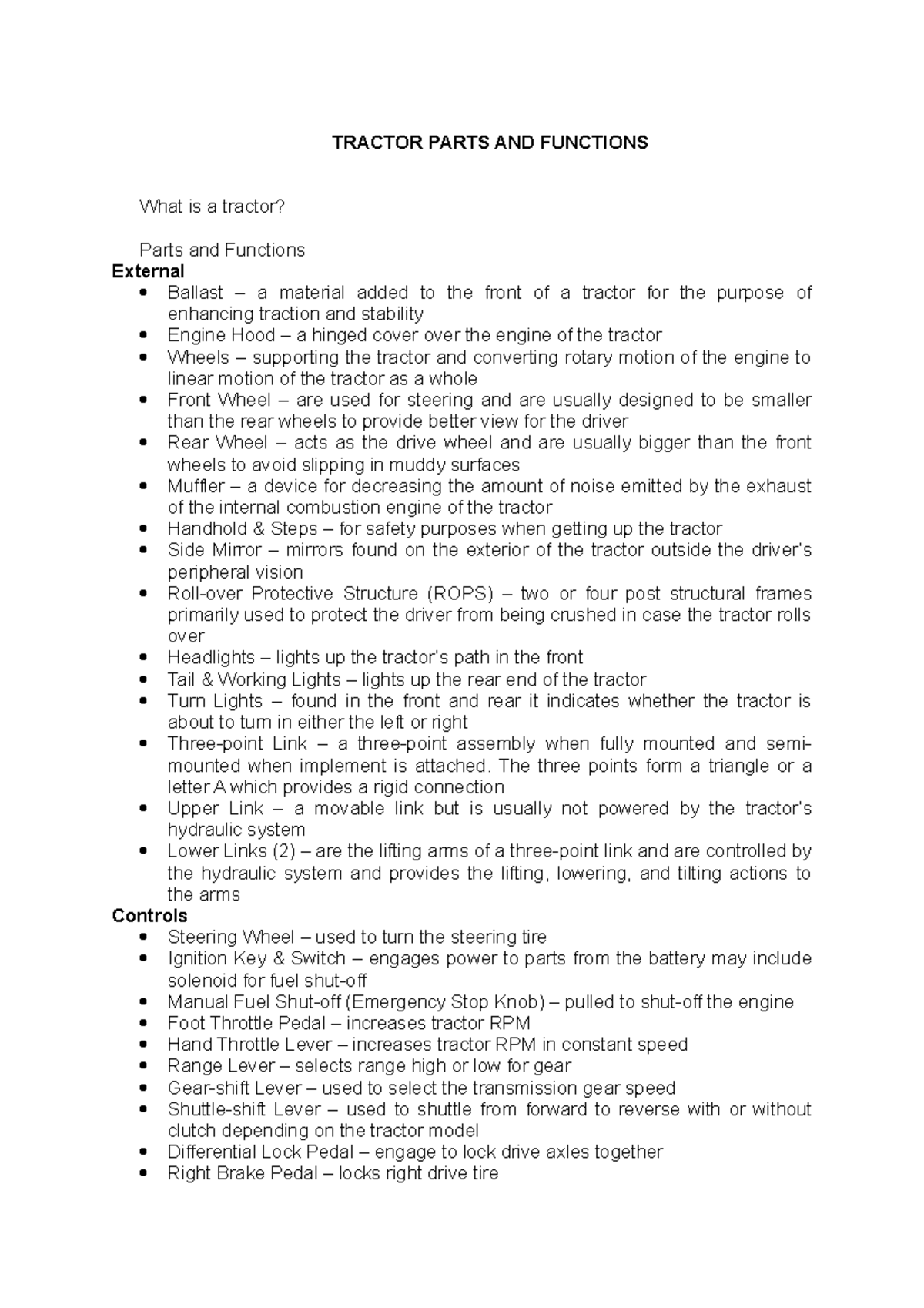 Tractor Parts and Functions: Comprehensive Guide (Final Exam) - Studocu