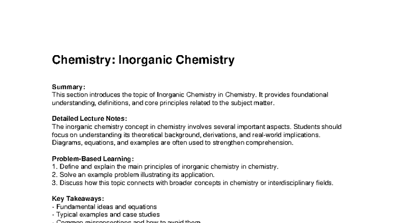 Chemistry: Inorganic Chemistry Lecture Notes & Key Concepts - Studocu