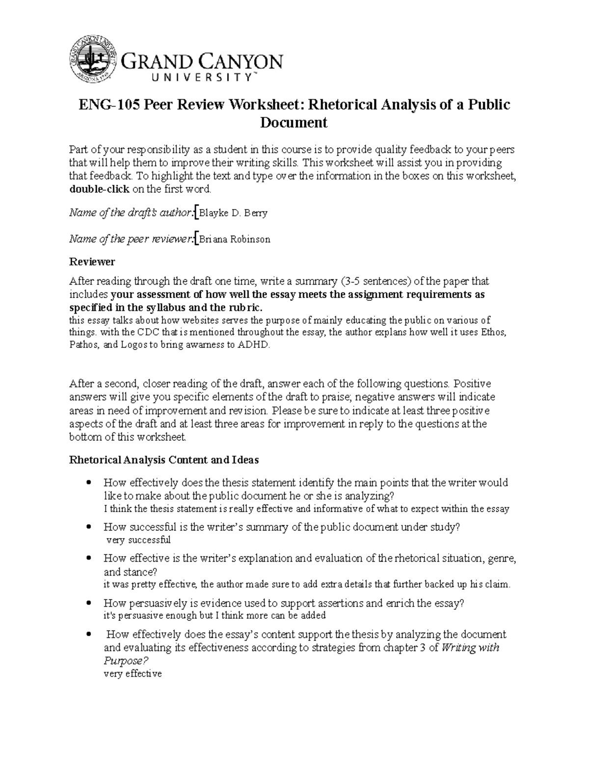 ENG-105-RS-Rhetorical Analysis Peer Review Worksheet Online - ENG-105 ...