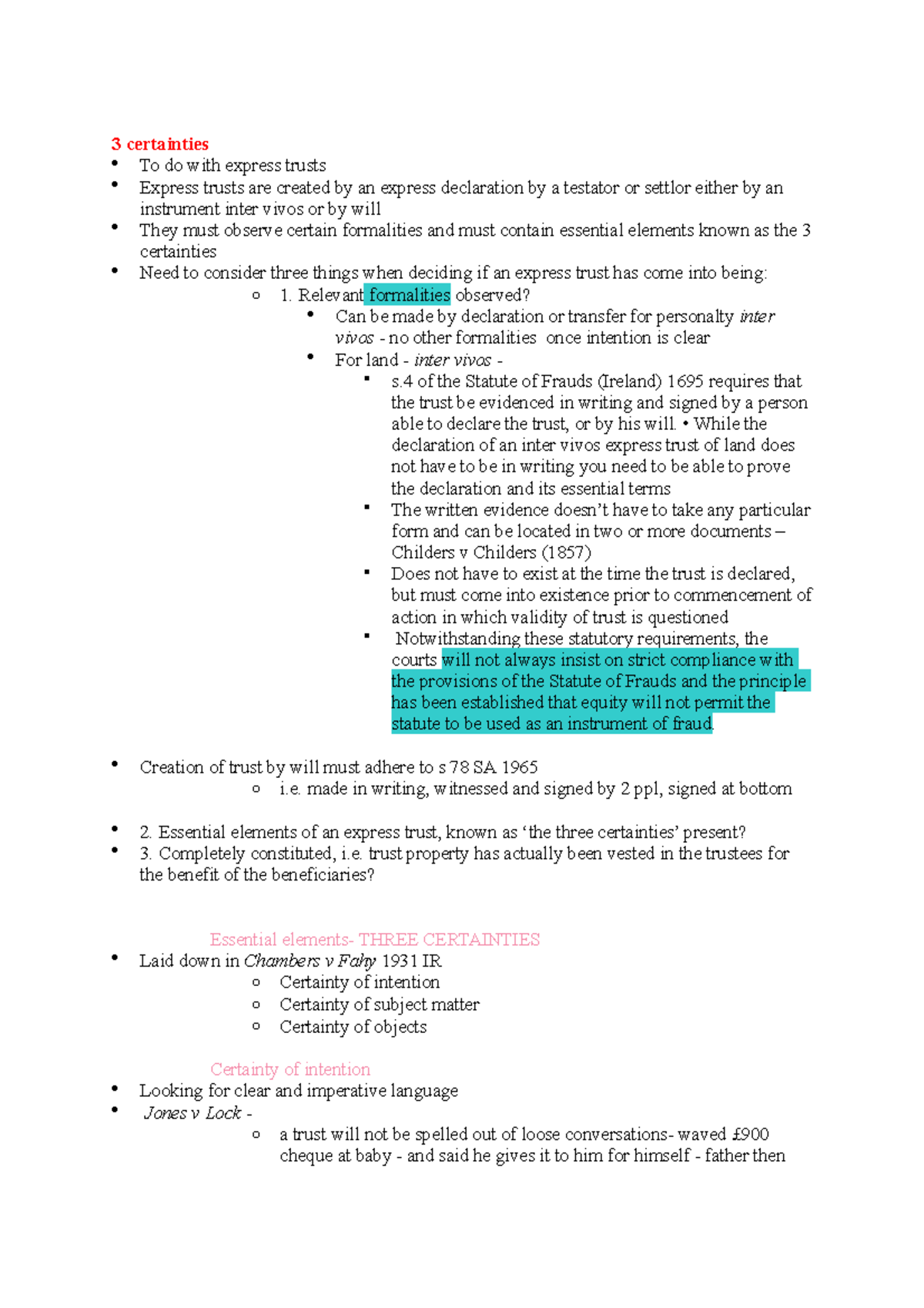 3 Certainties of Express Trusts - FE1 Preparation Notes - Studocu