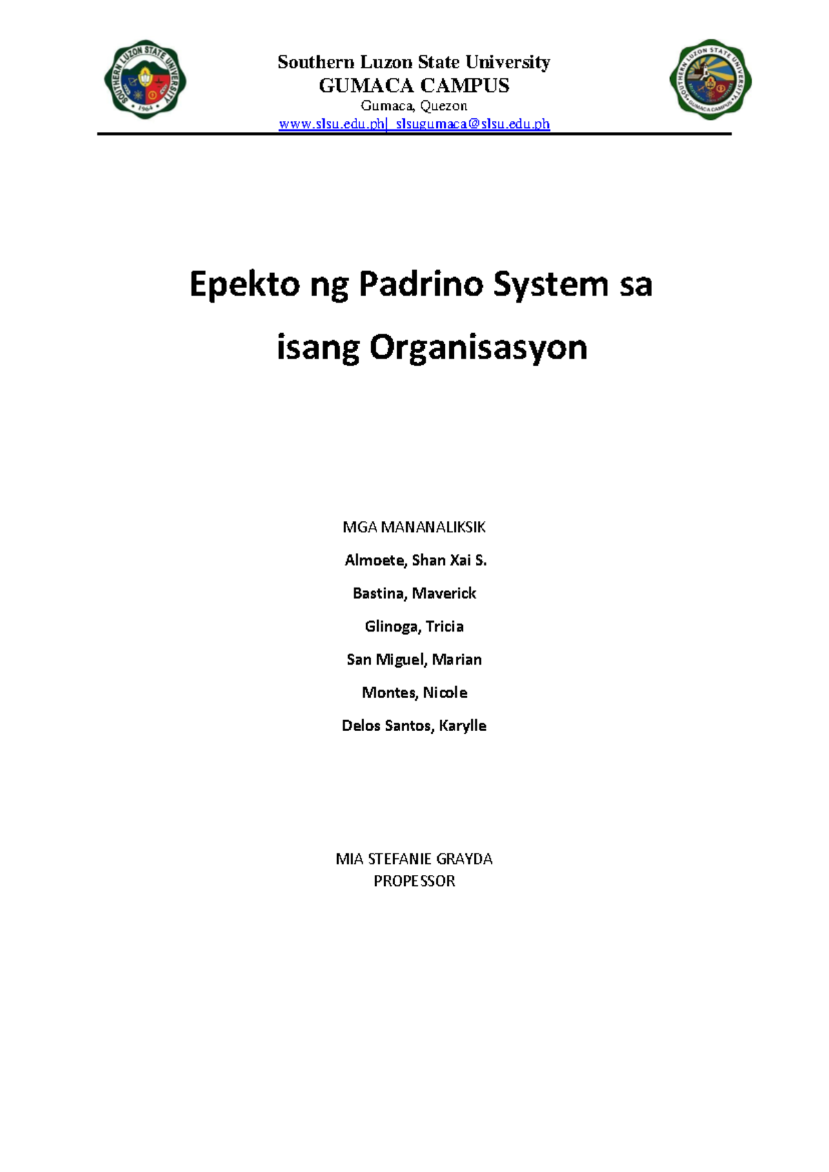 Epekto ng Padrino System sa Organisasyon: CASE Study G1 - Studocu