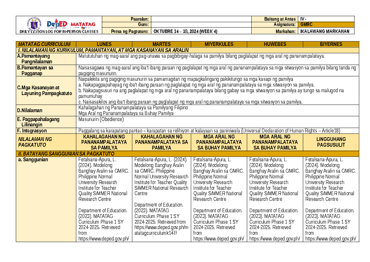 DAILY LESSON LOG: GMRC IV (2nd Quarter) - OCTOBER 14-18, 2024 - Studocu