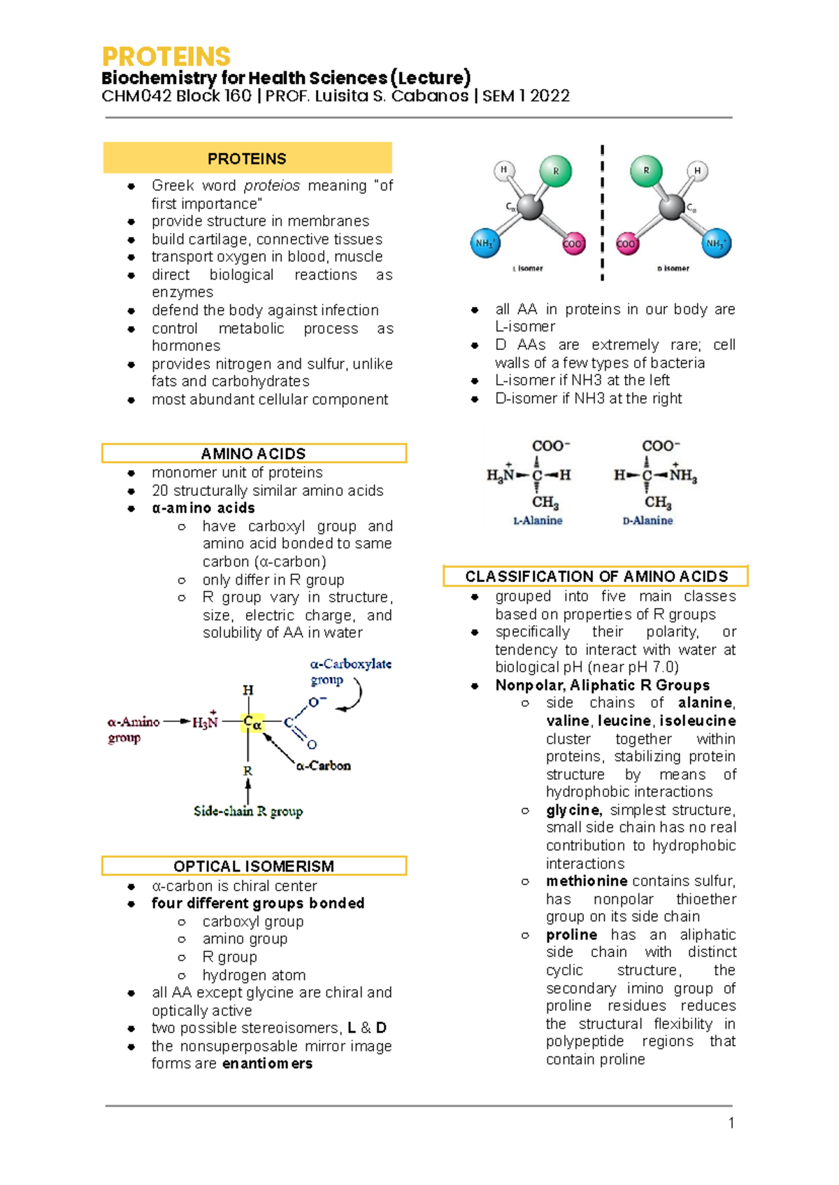 Biochemistry for Health Sciences: CHM042 Lecture Notes on Proteins ...