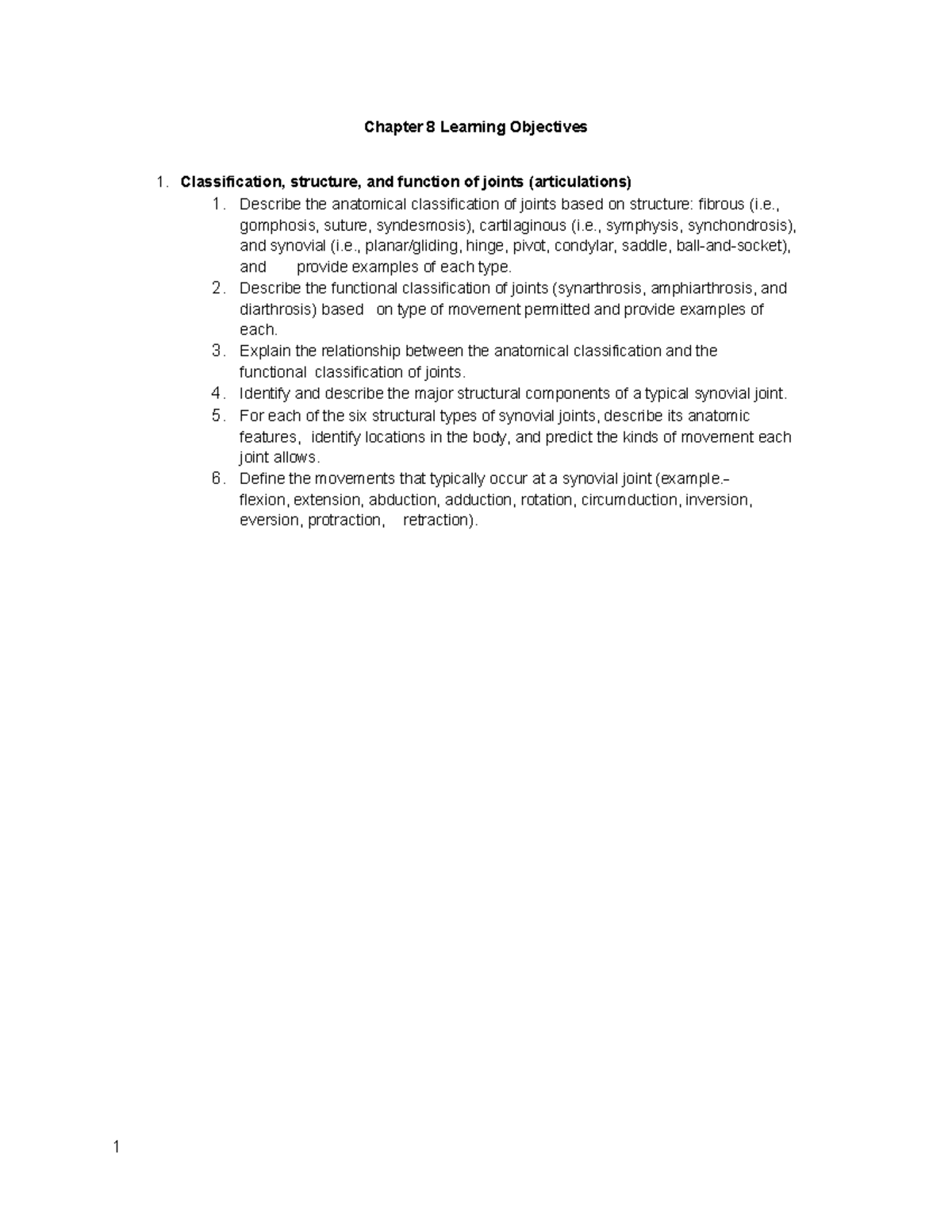 Chapter 8: Learning Objectives on Joint Classification & Function - Studocu