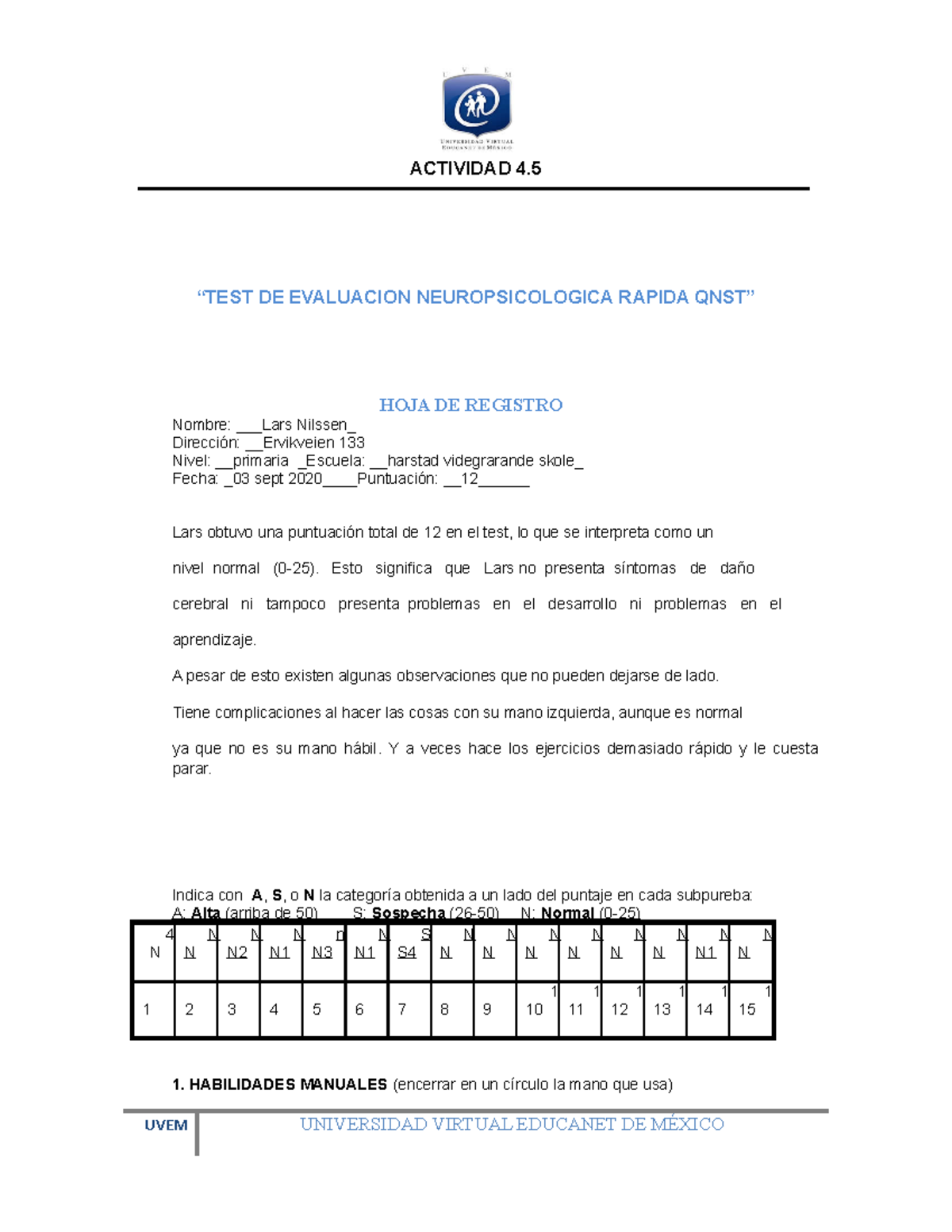 Test QNST Lars Nilssen: Aplicación y Resultados del Examen - Studocu