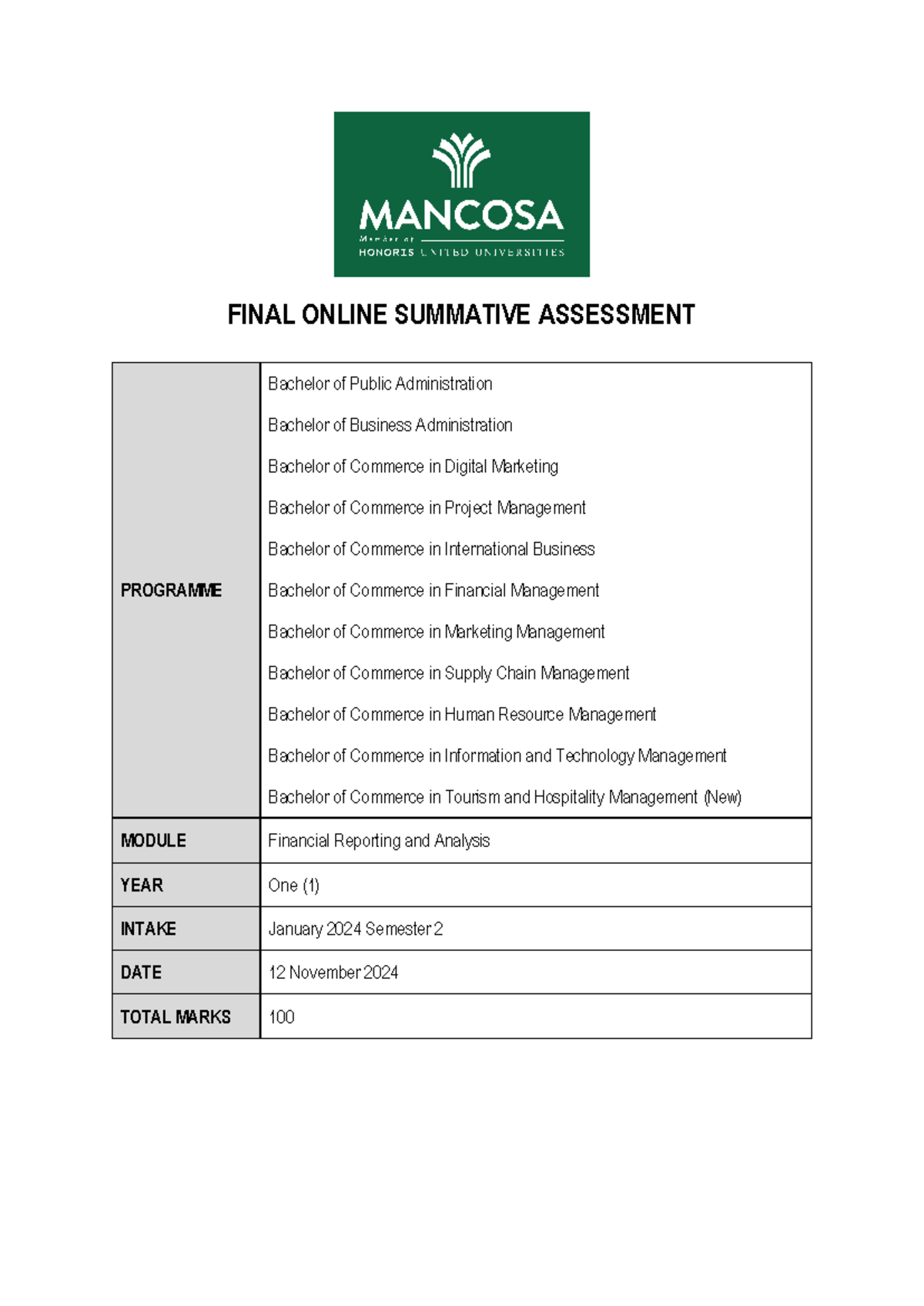 Financial Reporting and Analysis Final OSA - BBA/BCom Programs - Studocu