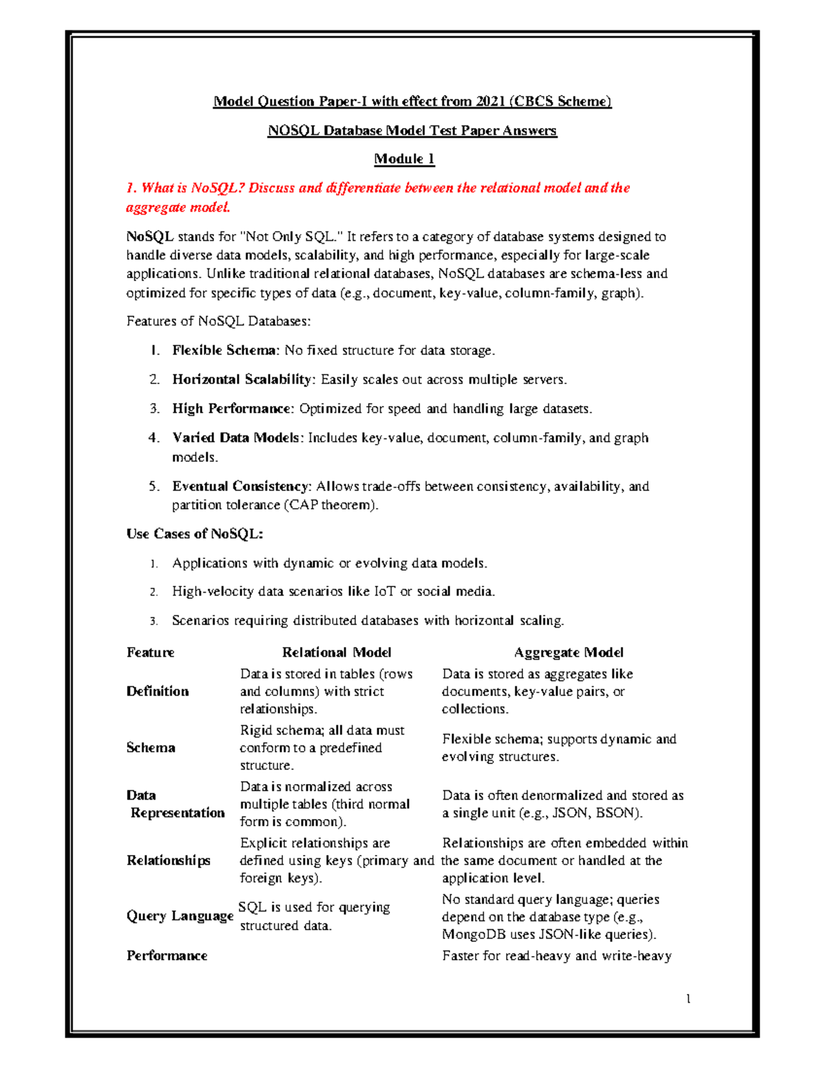 NoSQL Database Model Questions & Answers (MQP)-2021 - Studocu