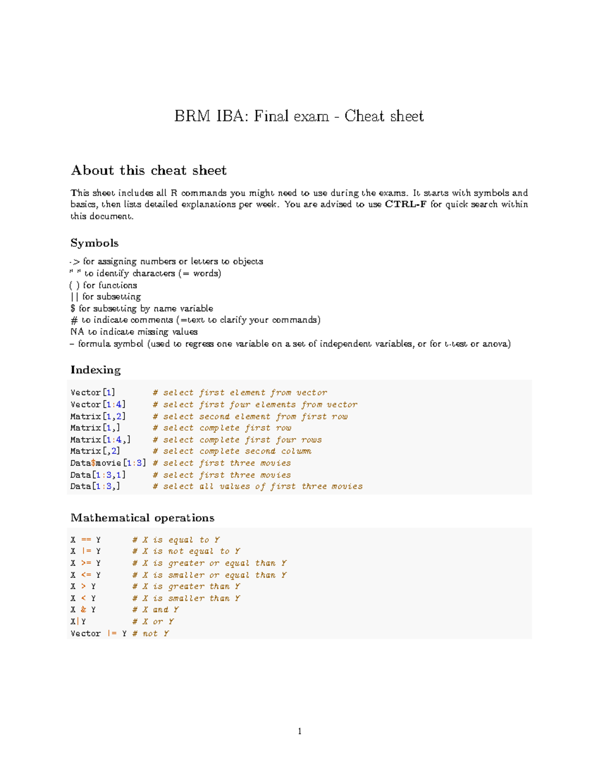 BRM IBA: Final Exam R Commands Cheat Sheet for Quick Reference - Studeersnel