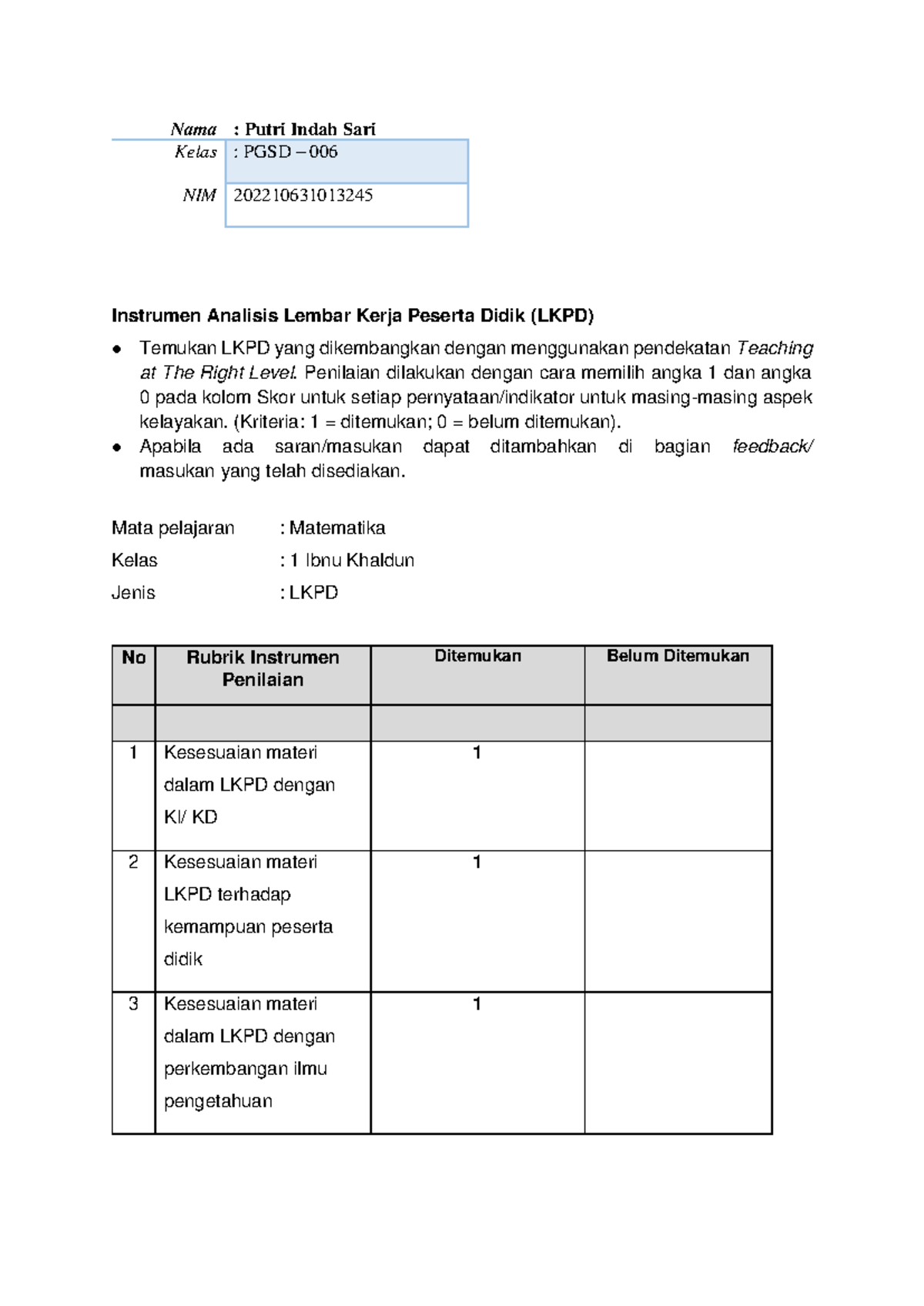 Instrumen Penilaian LKPD Matematika Kelas 1 (PGSD - 006) - Studocu
