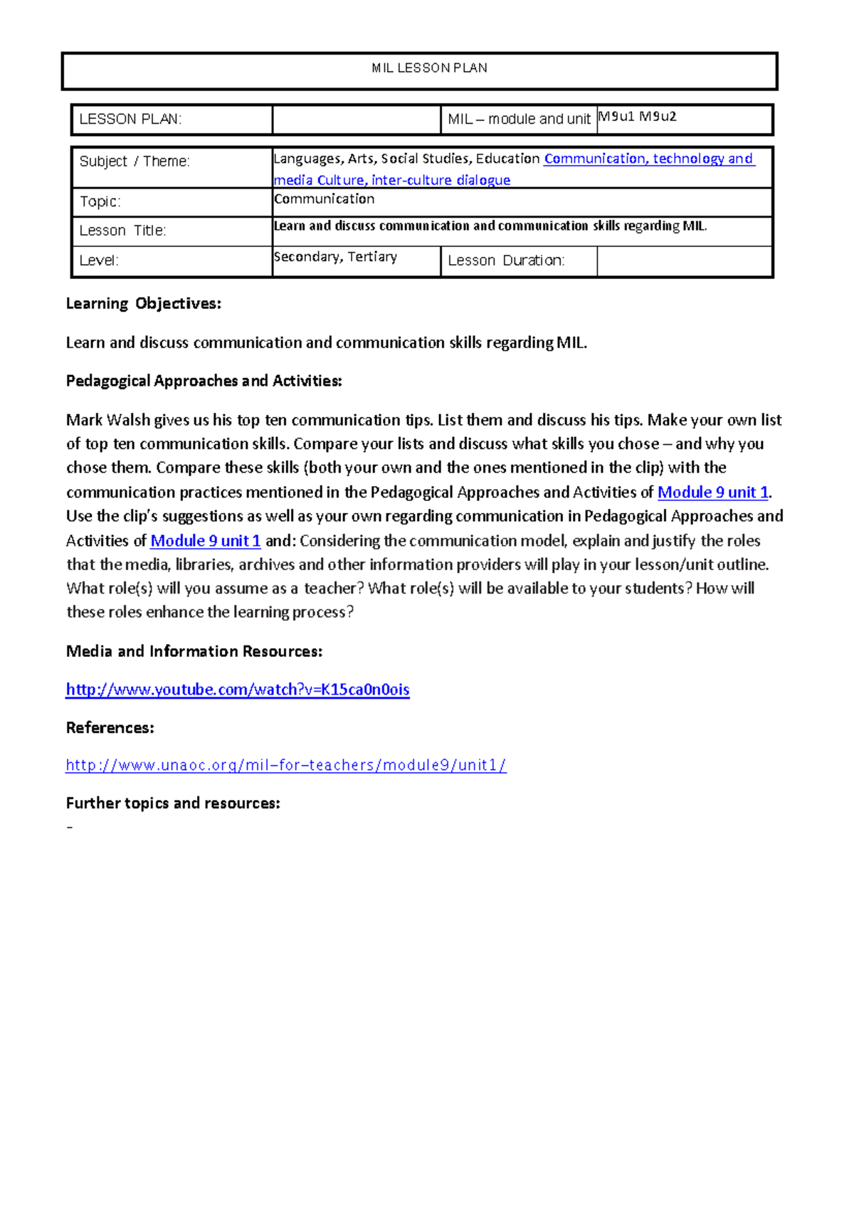 Effective communication skills Lesson Plan module 9 klar - MIL LESSON ...