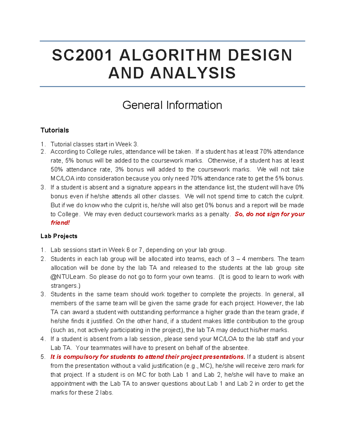 SC2001 Algorithm Design & Analysis: General Info 25S1 - Studocu
