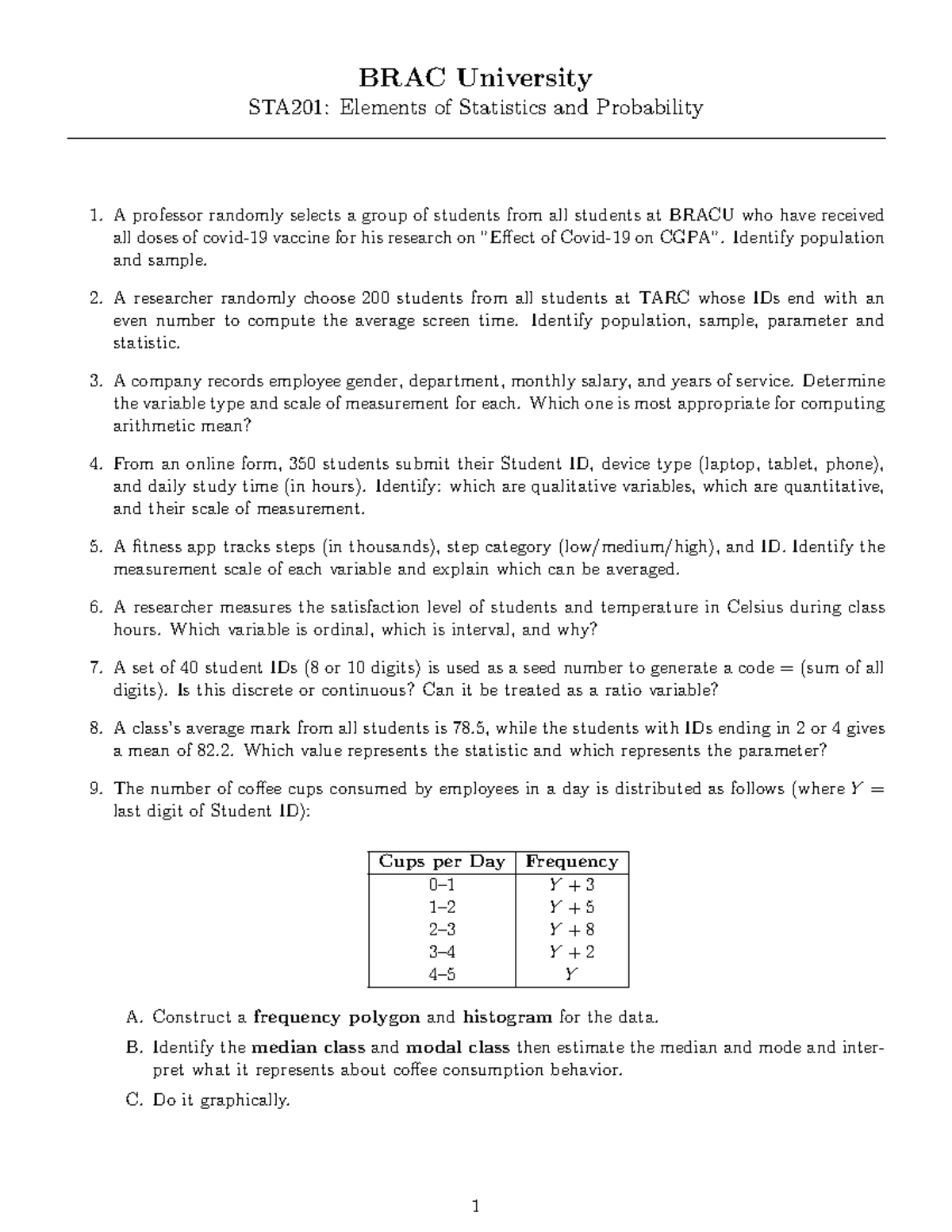 BRAC University STA201: Practice Sheet for Quiz 1 on Statistics - Studocu