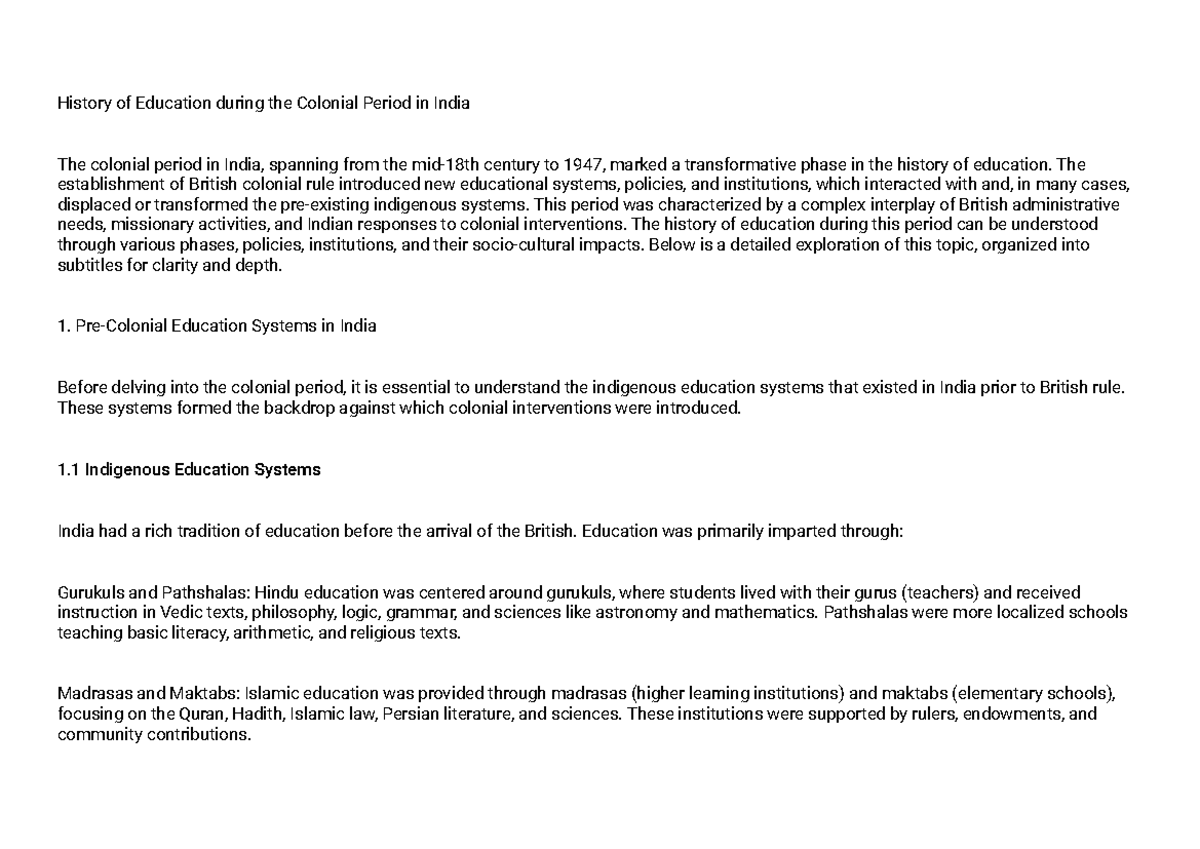 Colonial Education in India: Transformations and Impacts (HIST 101 ...
